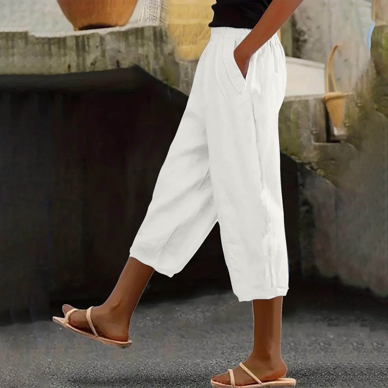 qelini Womens Capris Pull on Pants Basic Edition front Pockets Summer Gathering Solid Color ...