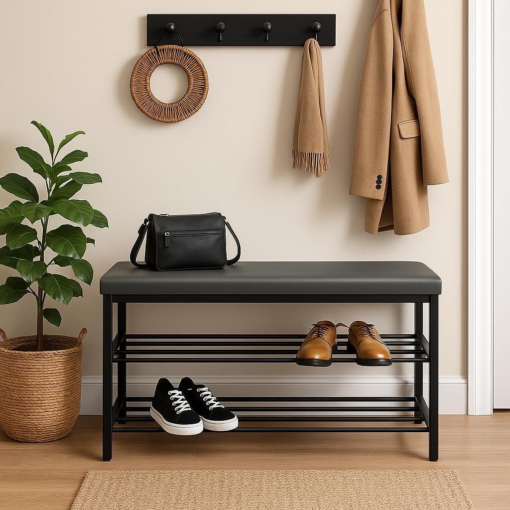 qewtrs Shoe Storage Bench with 3 Tier Standing Shelf and Comfortable ...