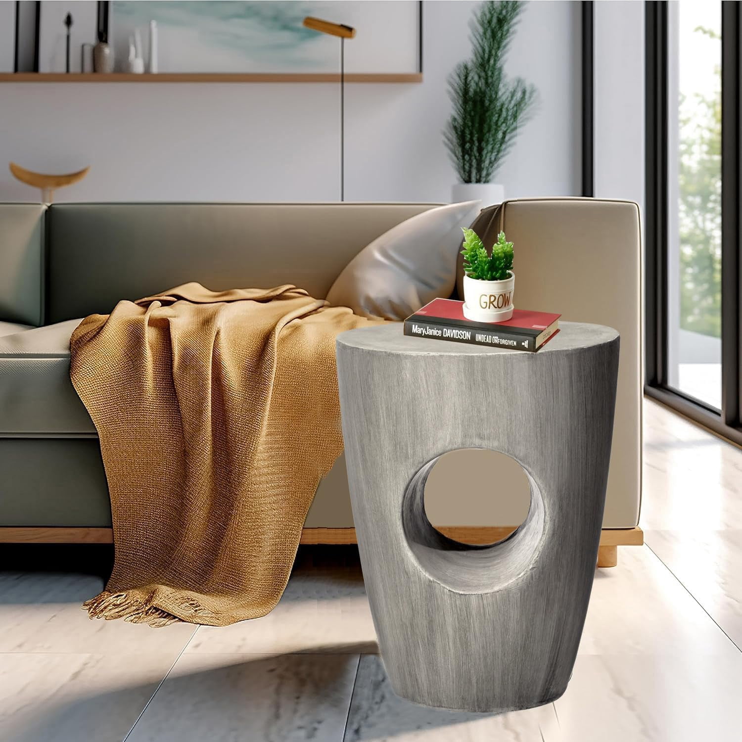 qfyfedhgh Accent Side Table with Hole MGO White Terrazzo Plant Stand ...
