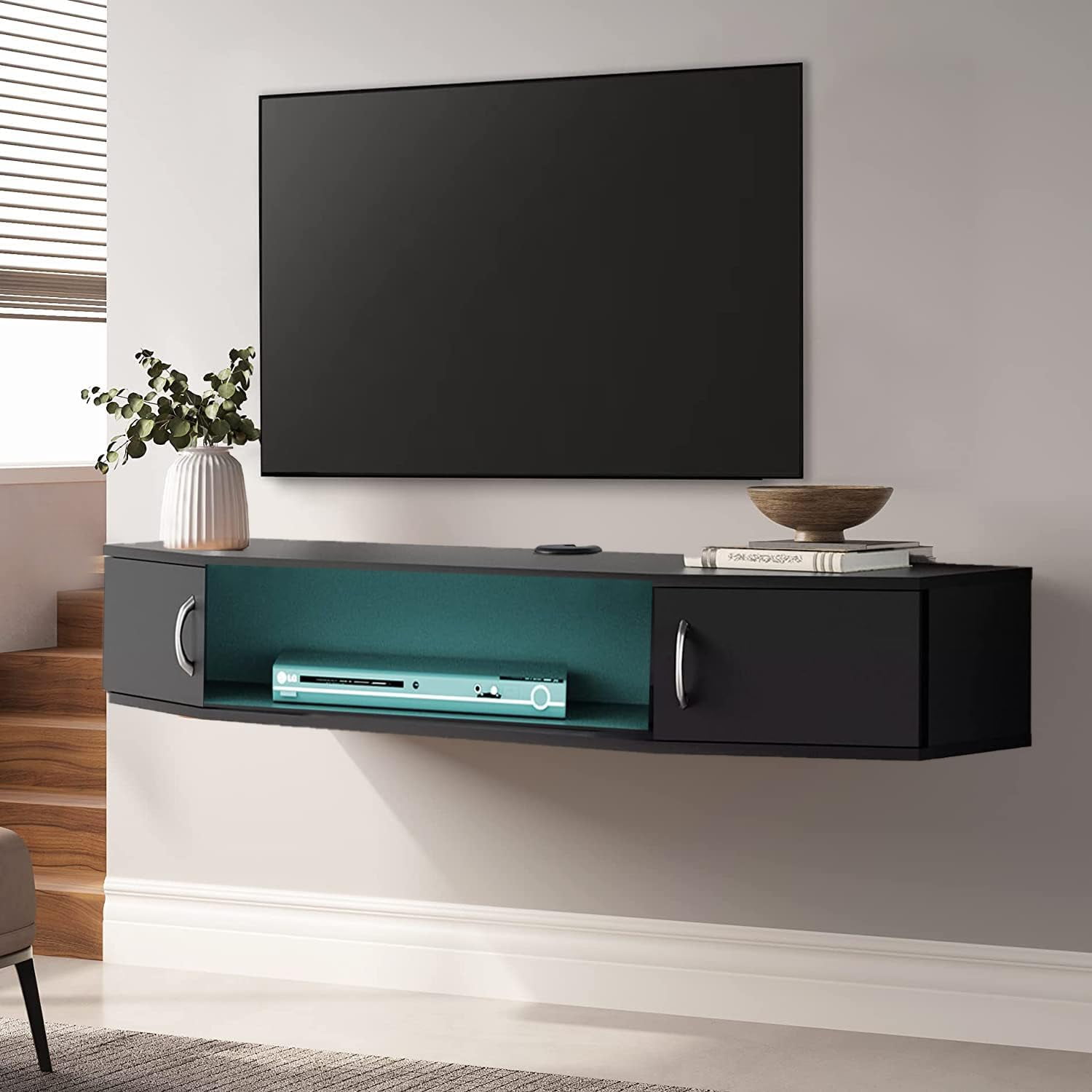 qfyfedhgh Floating TV Stand Wall Mounted Shelf with Blue LED Lights ...