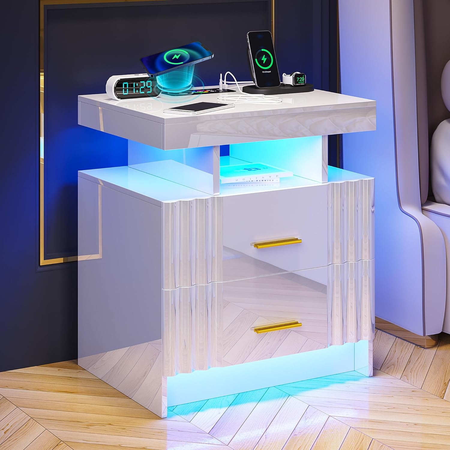 LED Nightstand with Charging Station Modern Black Bedside Table with ...