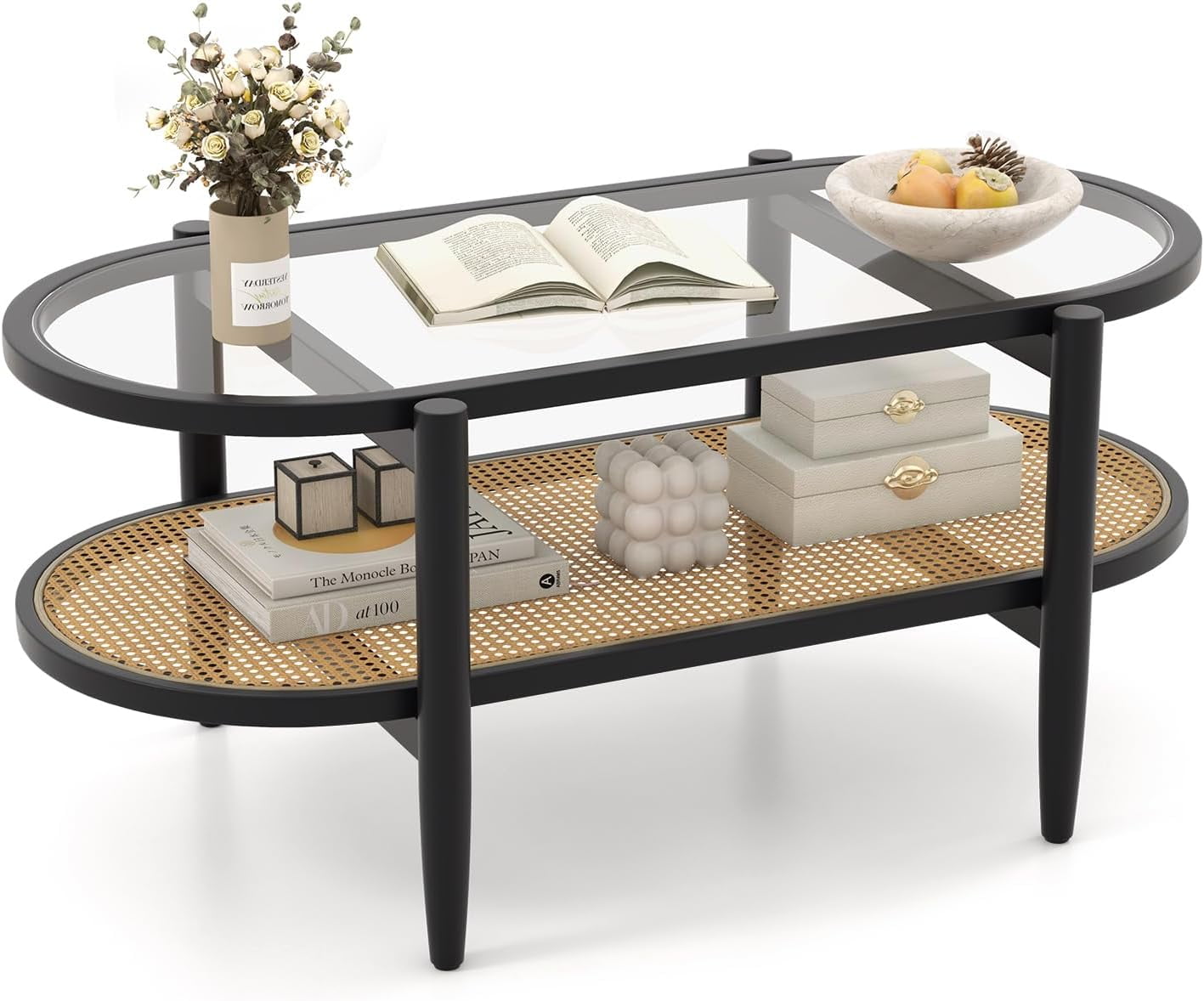 qfyfedhgh Moccha Boho Coffee Table 2-Tier Center Table with Tempered Glass Tabletop & PE Rattan ...