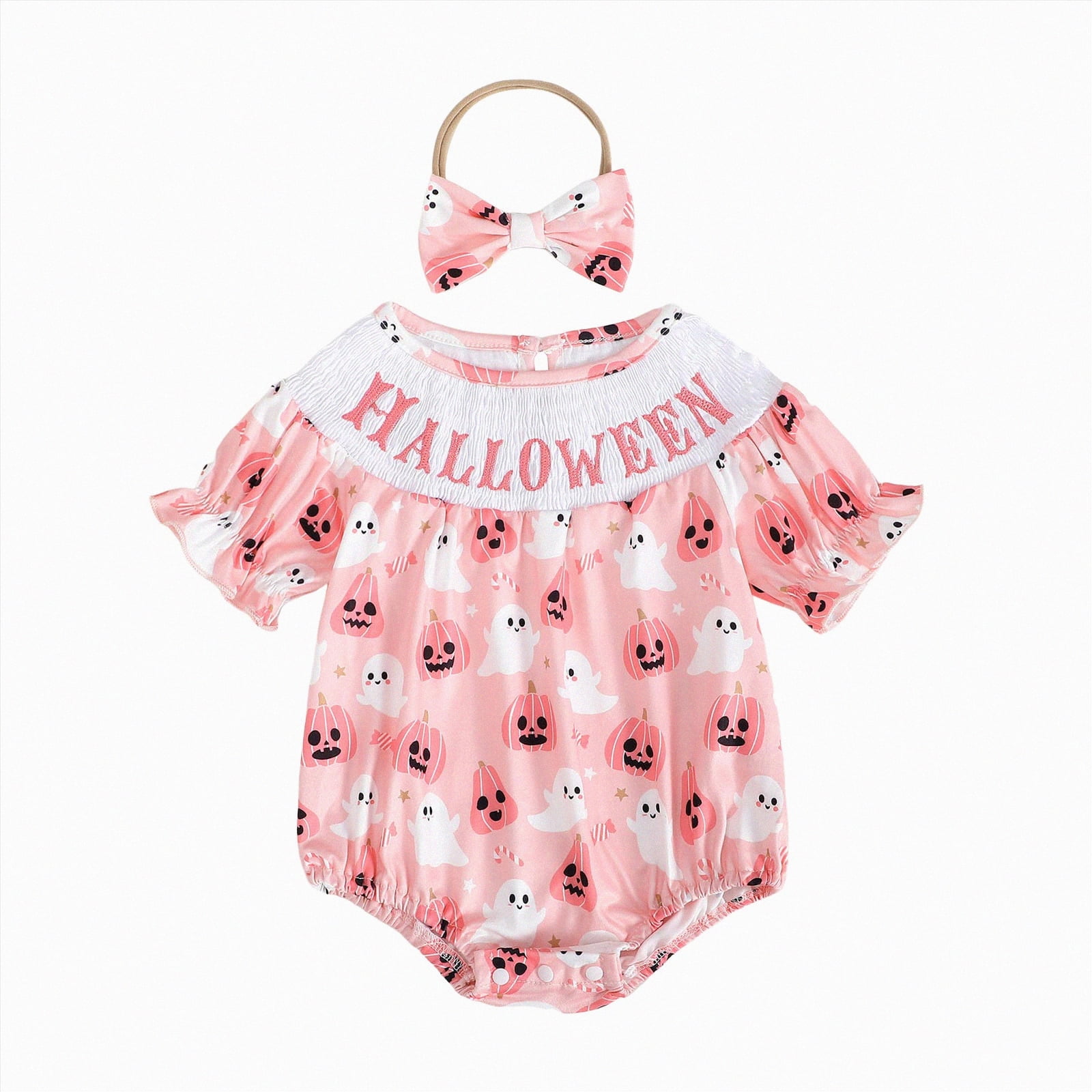 qiiinnHk Halloween Outfit Baby Girl Ghost Pumpkin Bubble Romper Short Sleeve Smocked Bodysuit ...