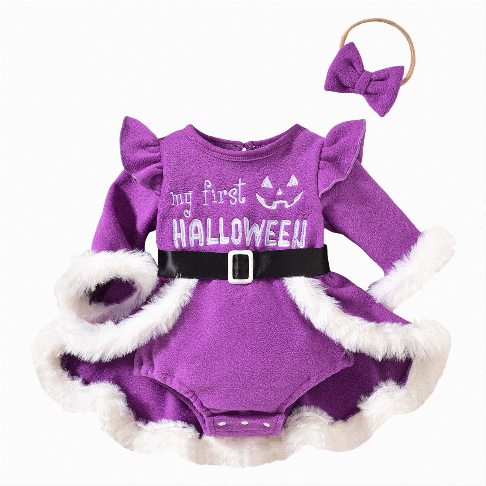qiiinnHk My First Halloween Baby Girl Outfit Ruffled Long Sleeve Velvet Romper Dress Fur Trim ...
