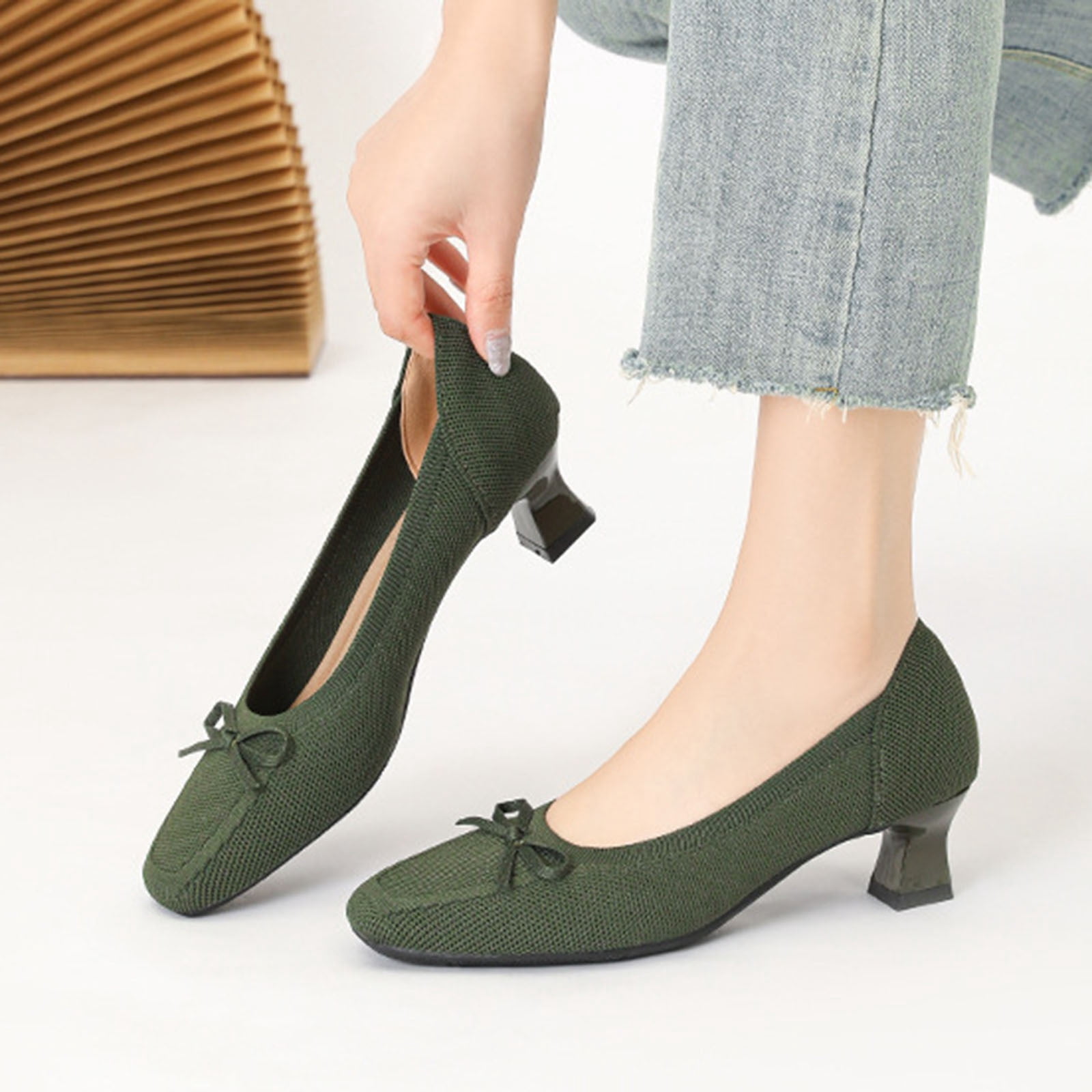 qkdmdw Army Green Women'S Bow Knitted Square Toe Thick Heel High Heels ...