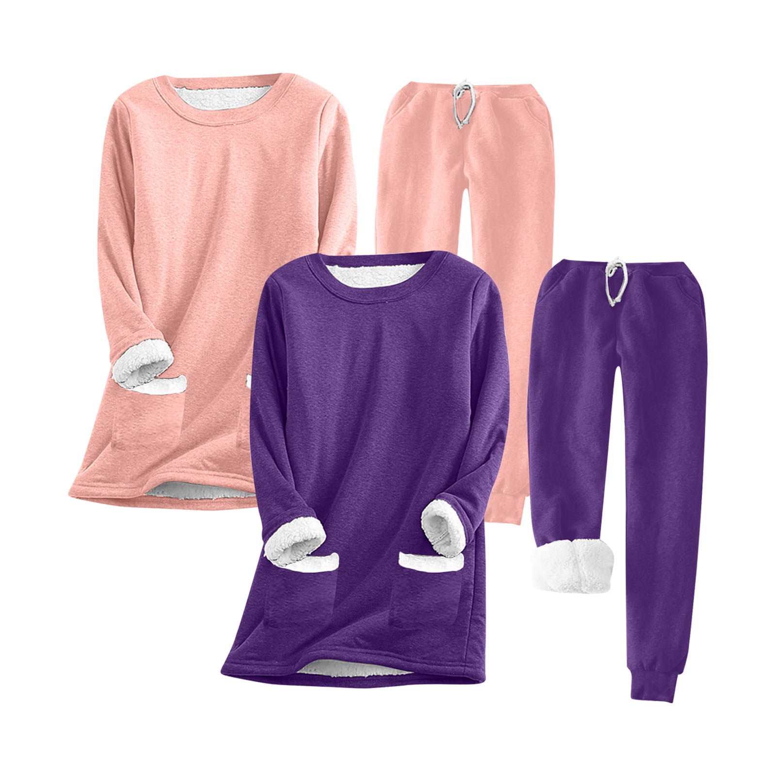 qolati 2 Pack Women Warm Pajama Set Fleece Lined Long Sleeve Crewneck ...