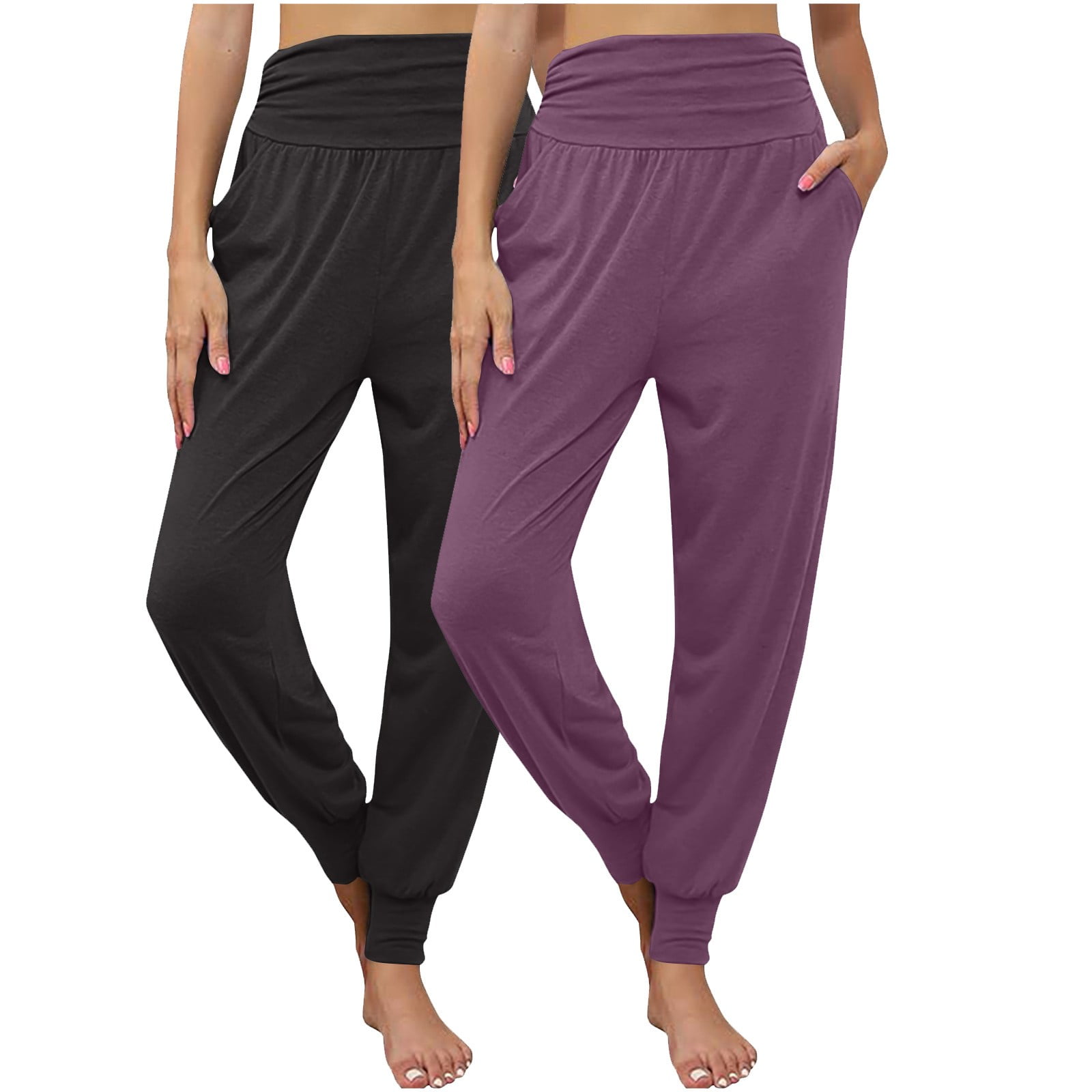 qolati 2 Pack Womens Yoga Sweatpants Fold Over High Waisted Loose ...