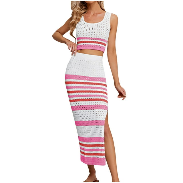 qolati 2 Piece Sets for Women Crochet Beach Cover Up Set Knit Square ...