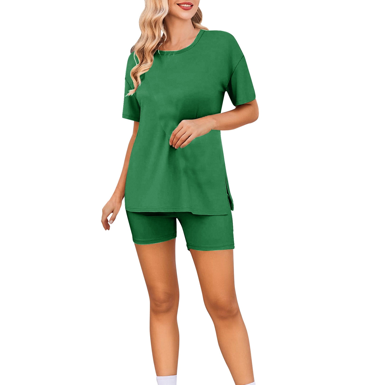 Qolati 2 Piece Sets For Women Workout Leggings Short Sleeve Crew Neck Tops High Waist Biker