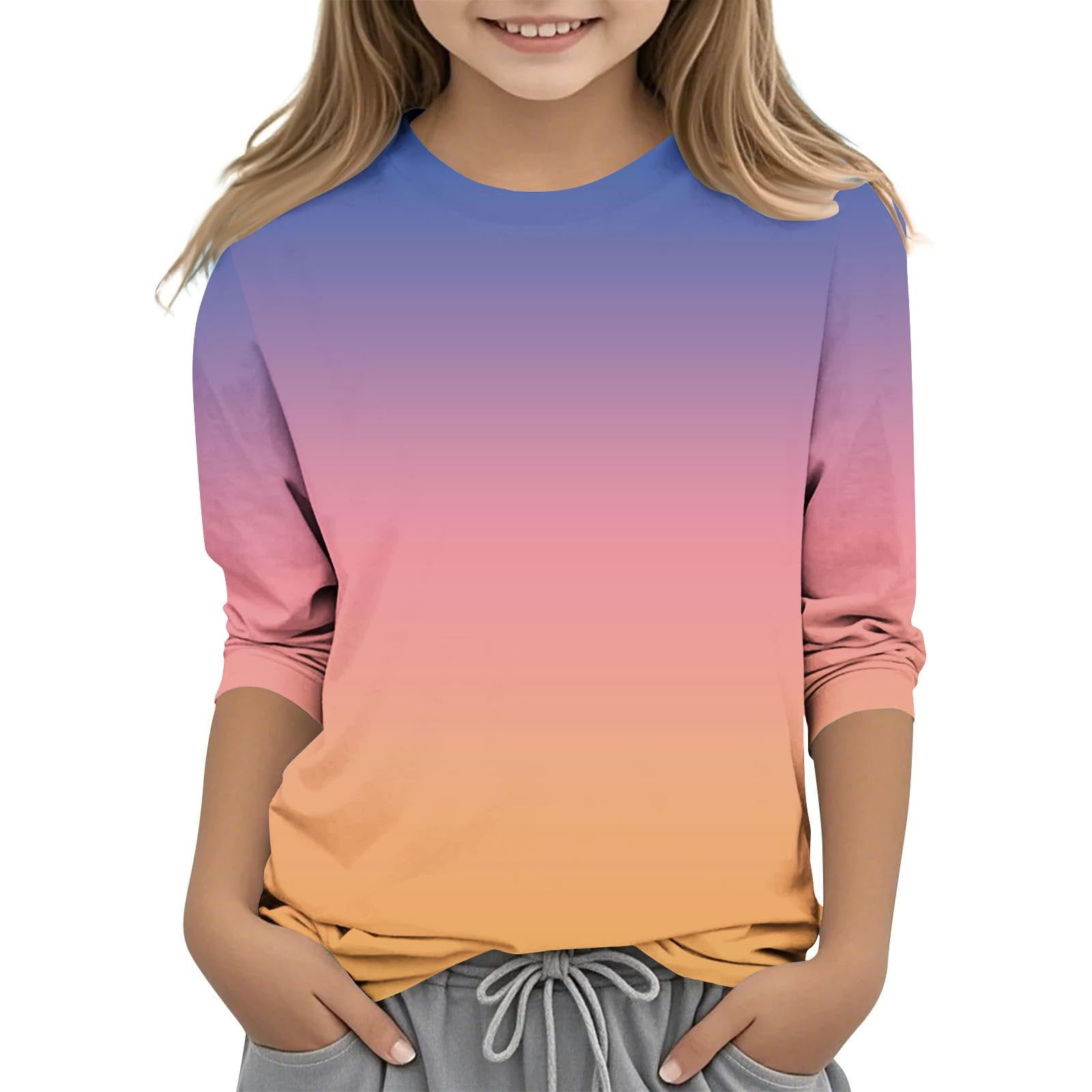 qolati 3/4 Length Sleeve Girls Gradient Color Print Cute Crew Neck T ...