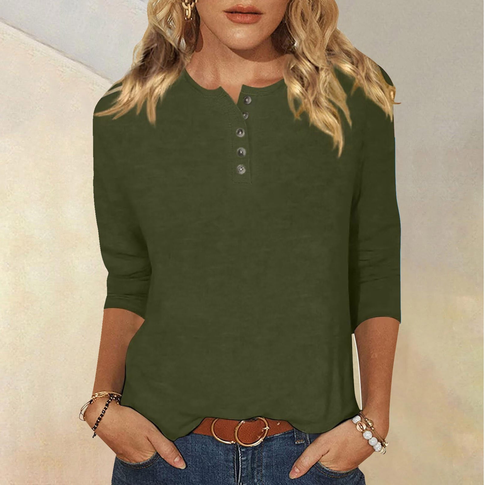 qolati 3/4 Length Sleeve Womens Tops Dressy Casual Button Down Henley ...