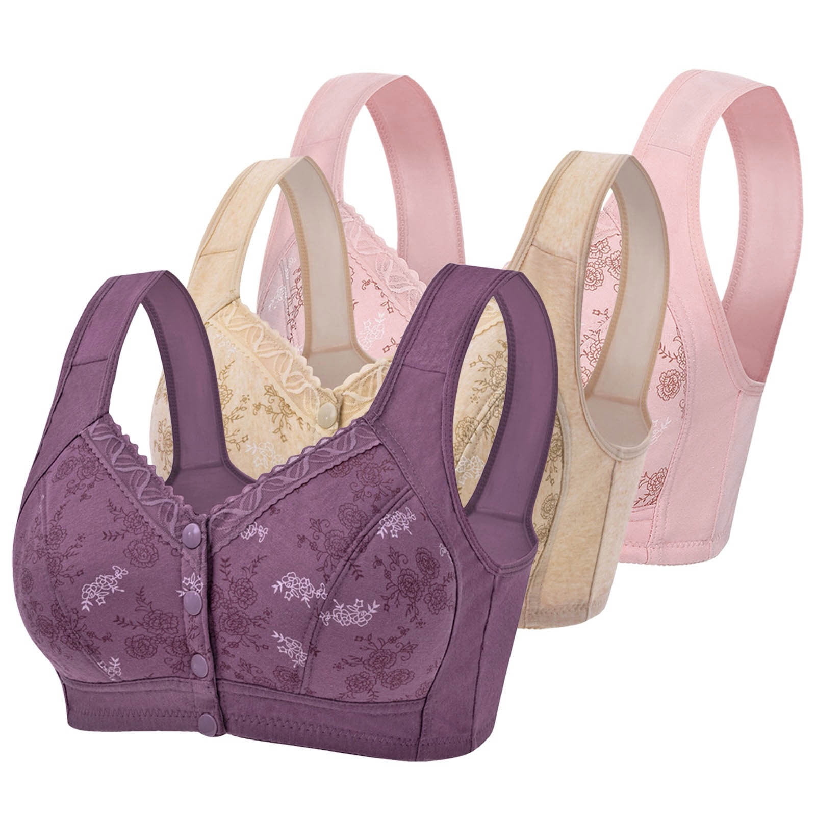 qolati 3 Pack Daisy Bras for Older Women Front Closure Breathable T ...