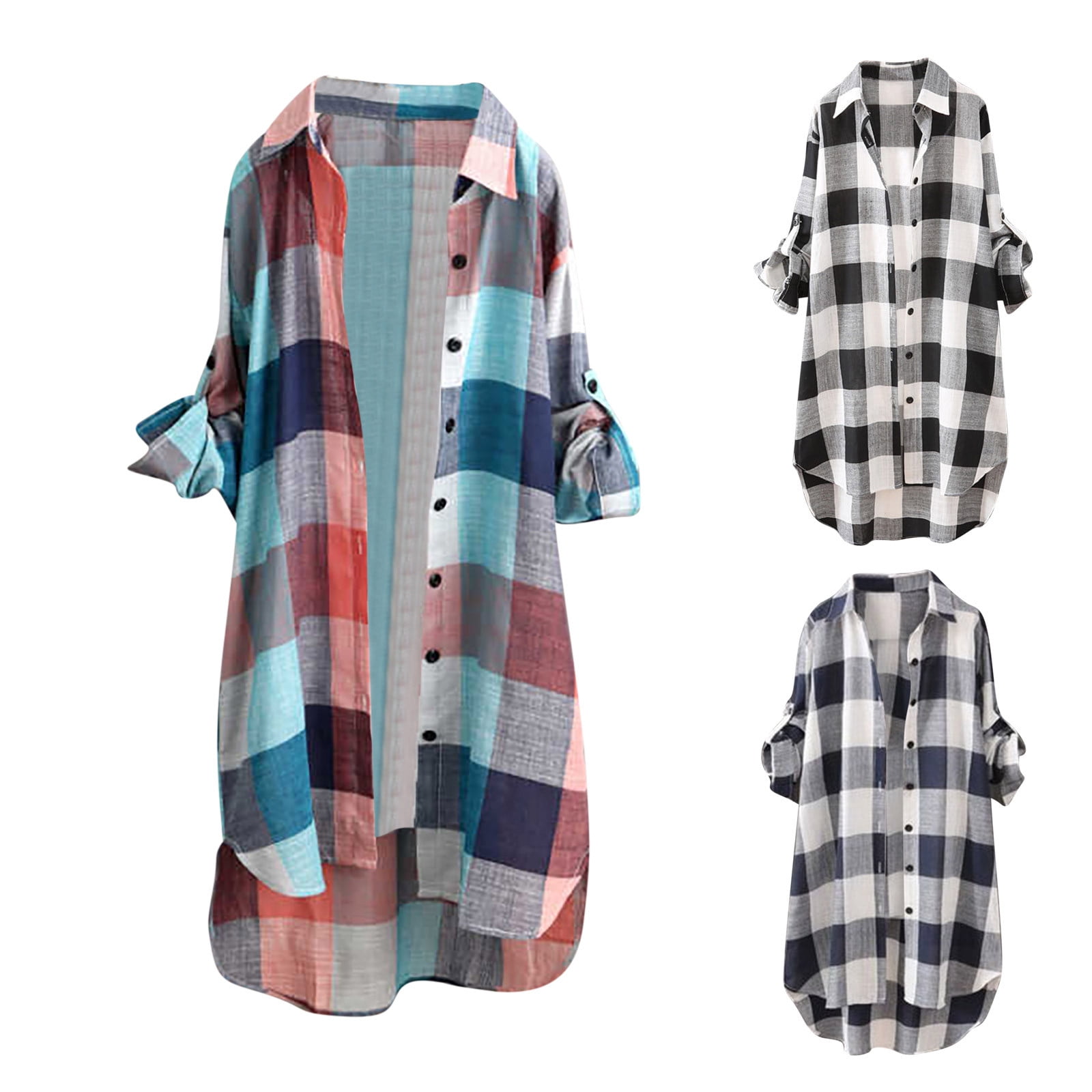 qolati Button Down Shirts for Women Fall Mid-Long Lapel Plaid Cardigan ...