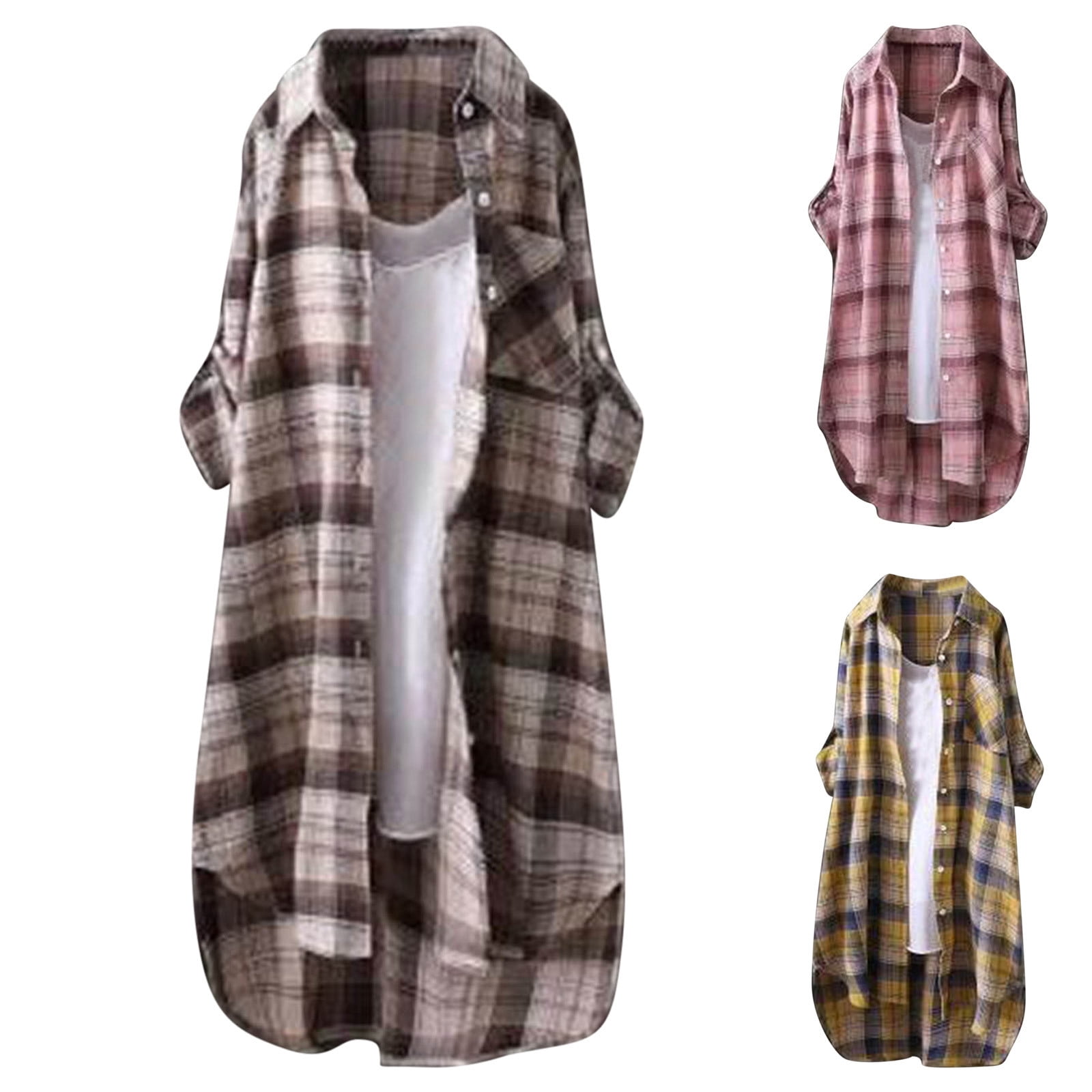 qolati Button Down Shirts for Women Fall Mid-Long Lapel Plaid Cardigan ...