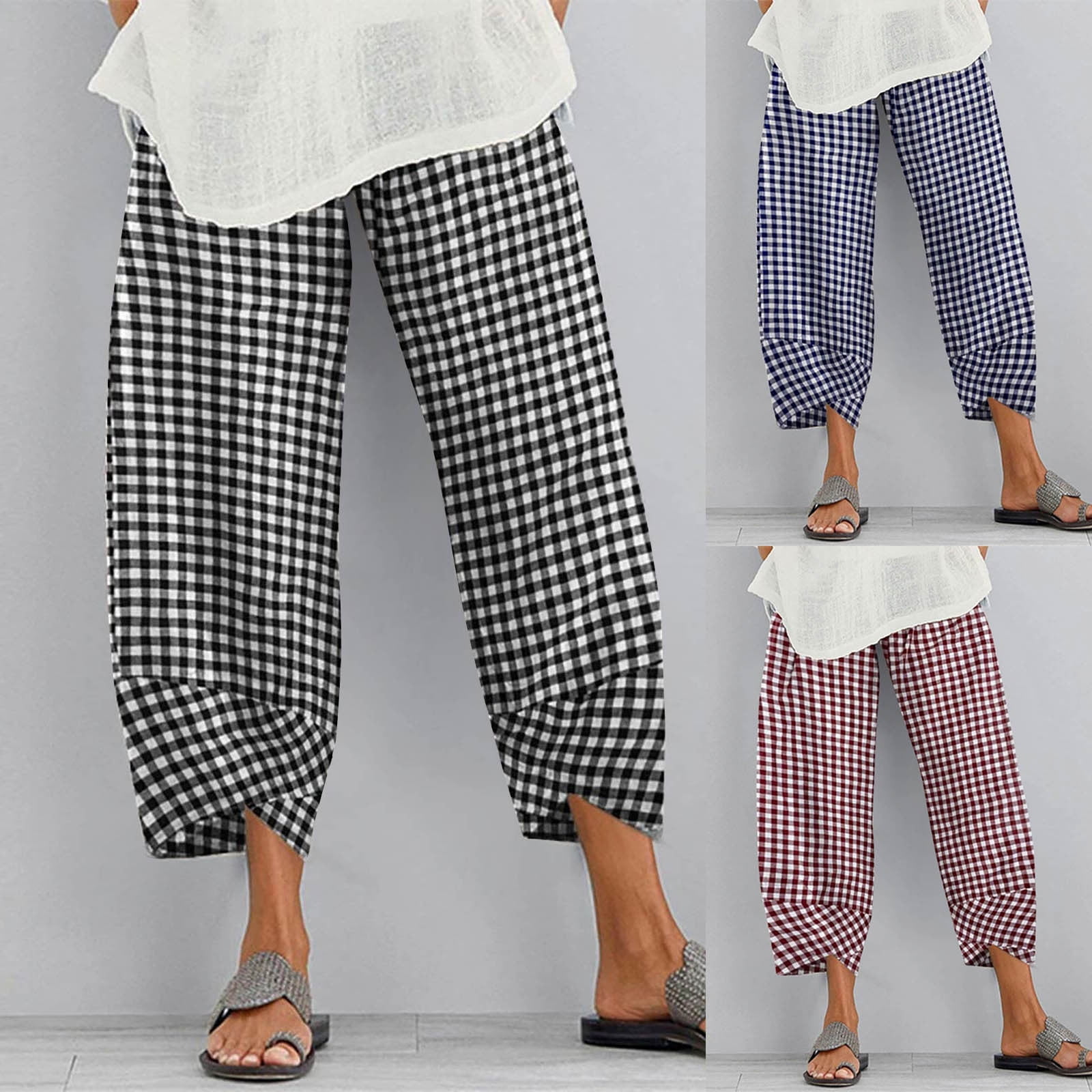 qolati Capris Pants for Women Cotton Linen Wide Leg Plaid Cropped Pants ...