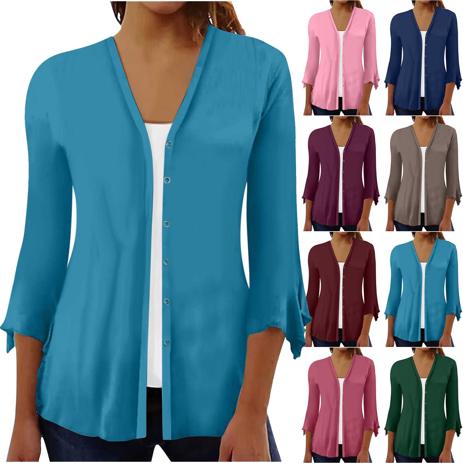 qolati Cardigan for Women 2023 Dressy Casual 3/4 Sleeve Ruffle ...