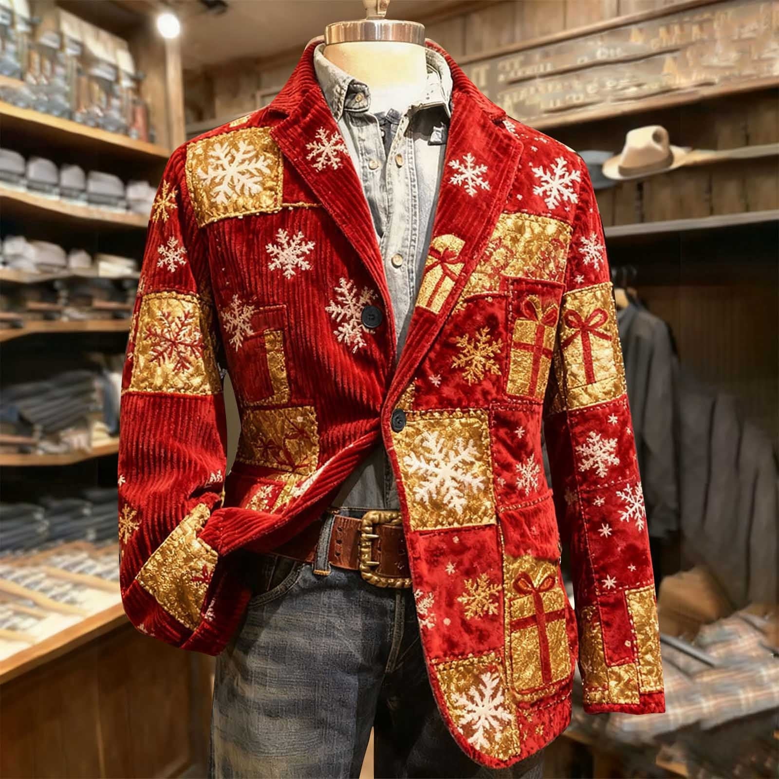 qolati Christmas Blazer for Men Vintage Corduroy Suit Jacket Xmas ...