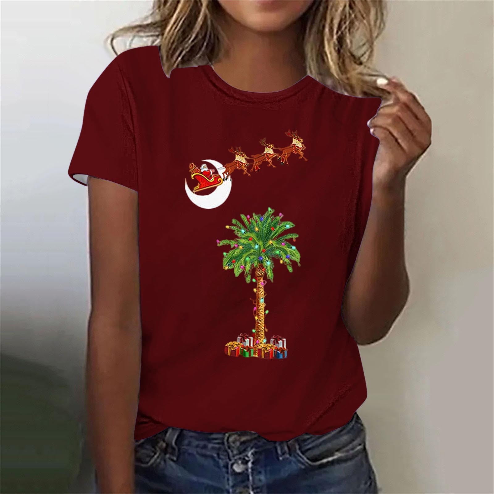 qolati Christmas Palm Tree Shirt for Women Novelty Merry Christmas Xmas ...