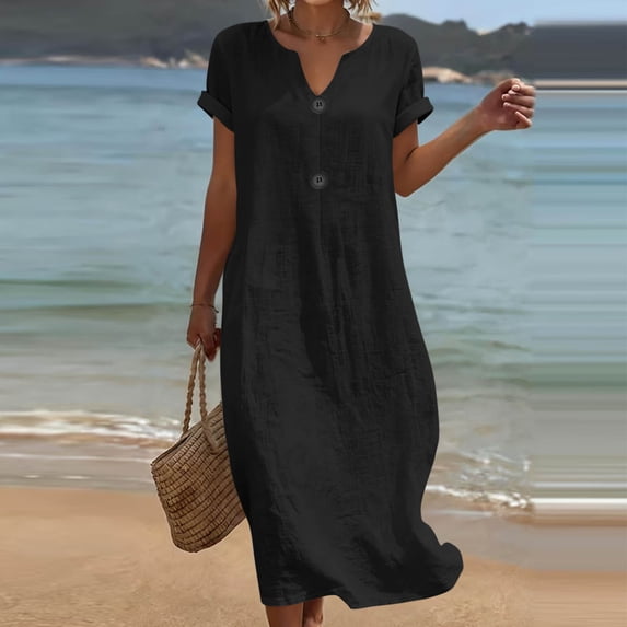 qolati Cotton Linen Dresses Women Dressy Casual V Neck Short Sleeve ...