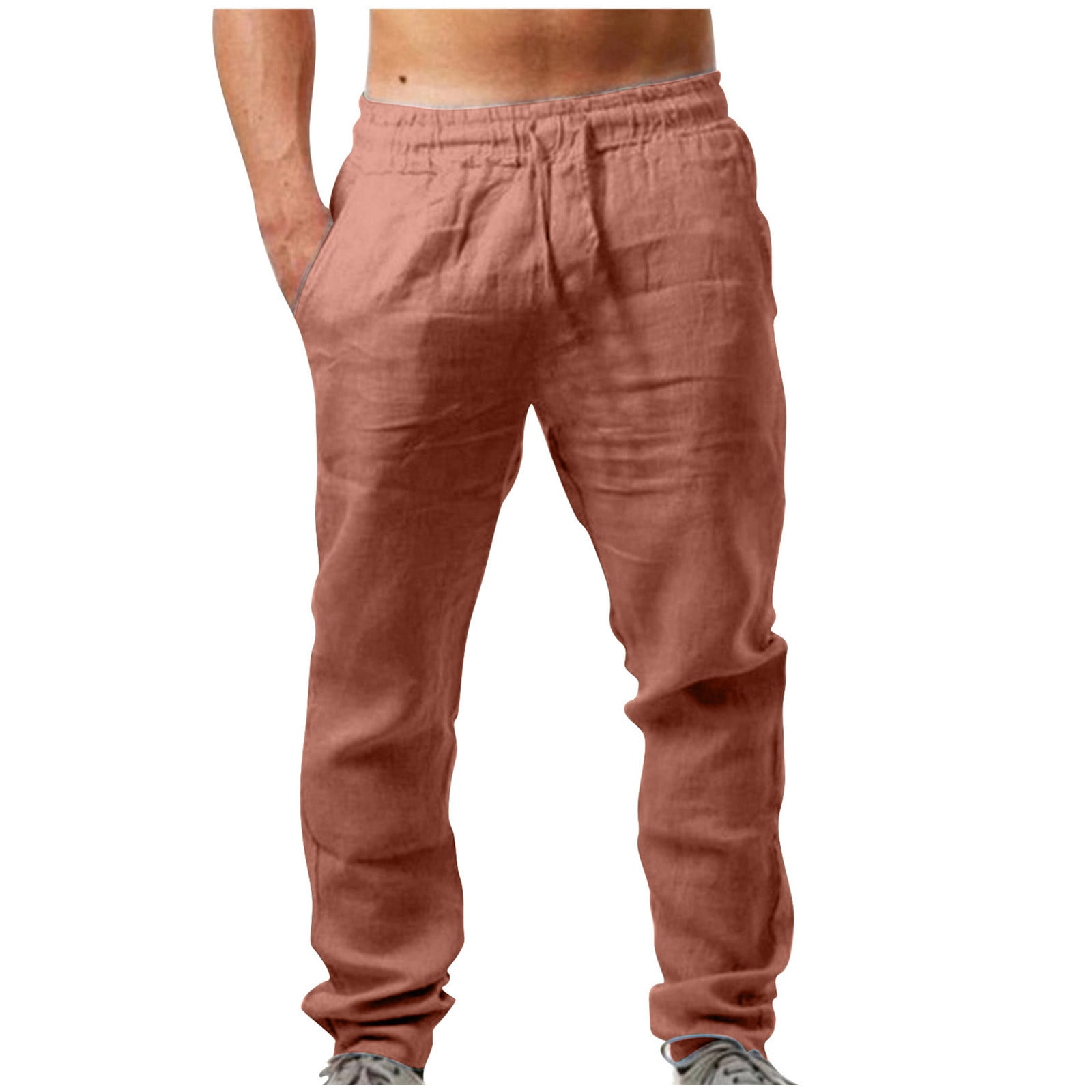 qolati Cotton Linen Pants for Men Casual Elastic Waist Drawstring Straight Legs Cargo Pants ...