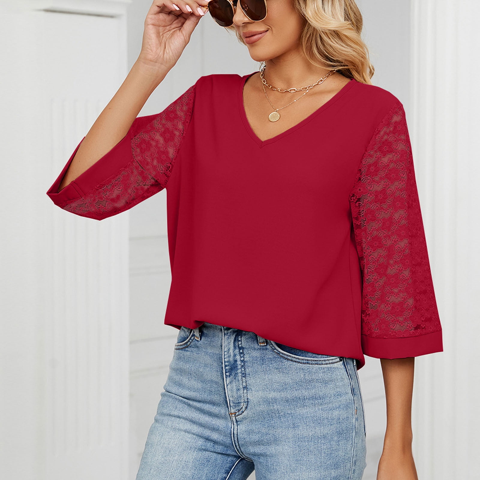 qolati Dressy Tops for Women Summer Casual V Neck Mesh Panel 3/4 Bell ...