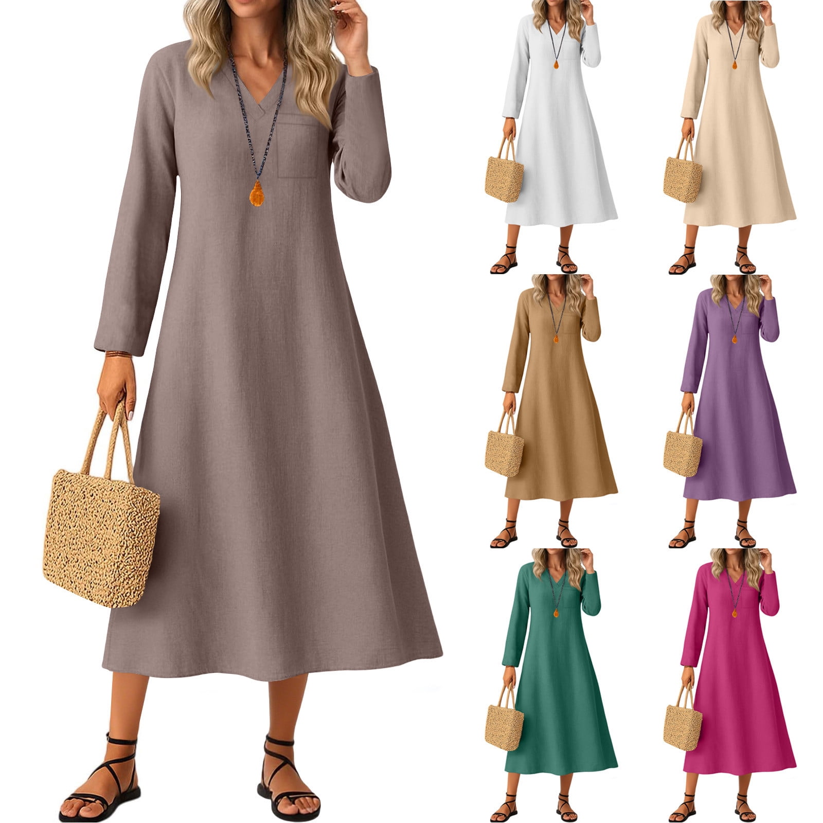 qolati Fall Dresses for Women Casual Long Sleeve V Neck Flowy Midi ...