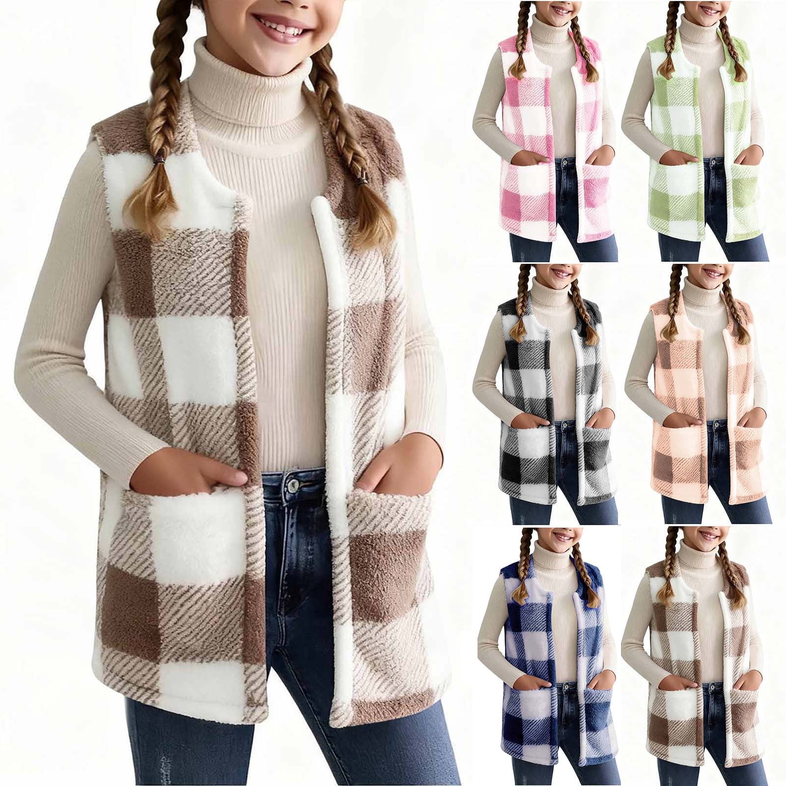 qolati Girls Flannel Plaid Vest Fall Winter Open Front Sleeveless ...