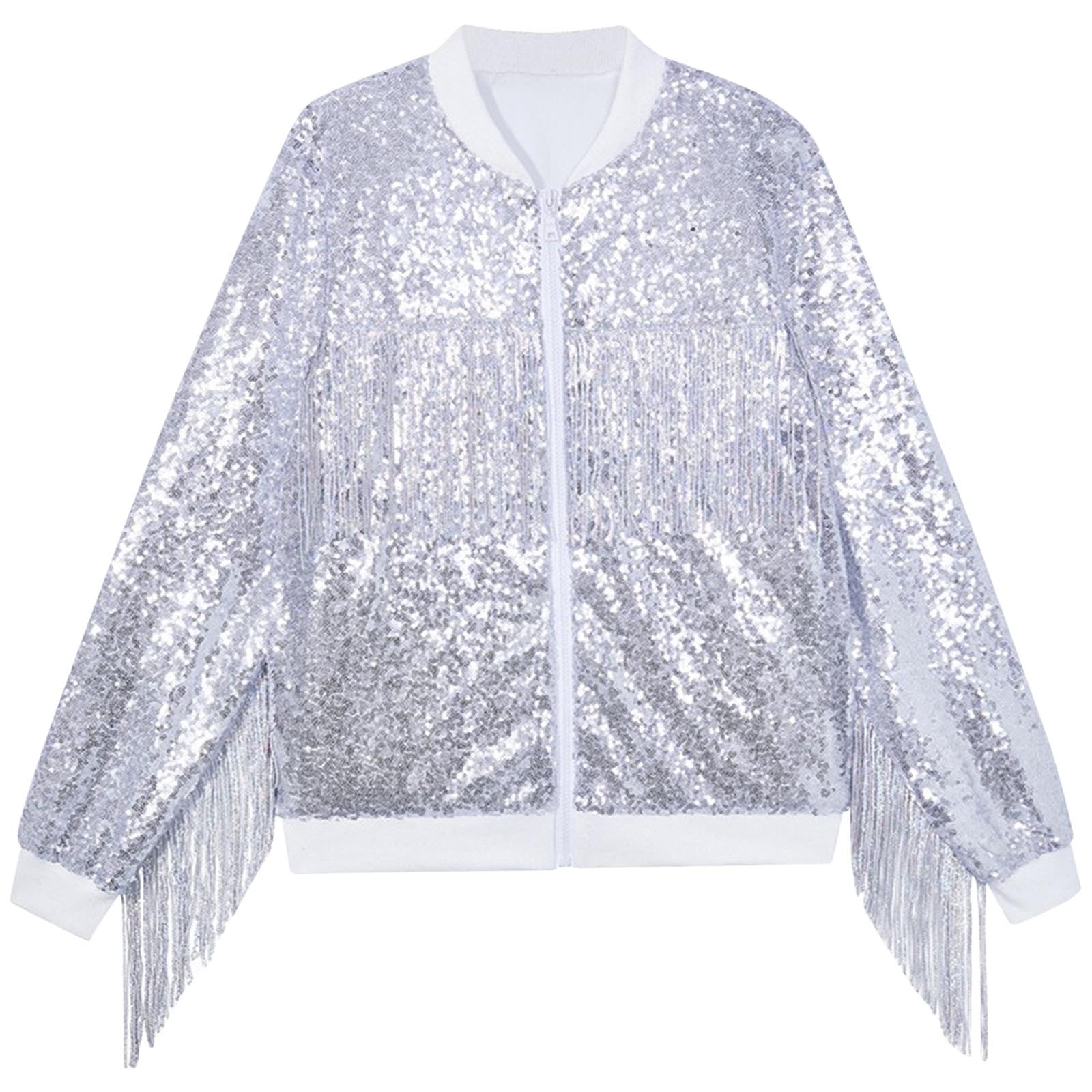 qolati Girls Tassels Sequin Jackets Kids Boys Bomber Jacket Zip Up Coat Sparkly Outwear Glitter ...