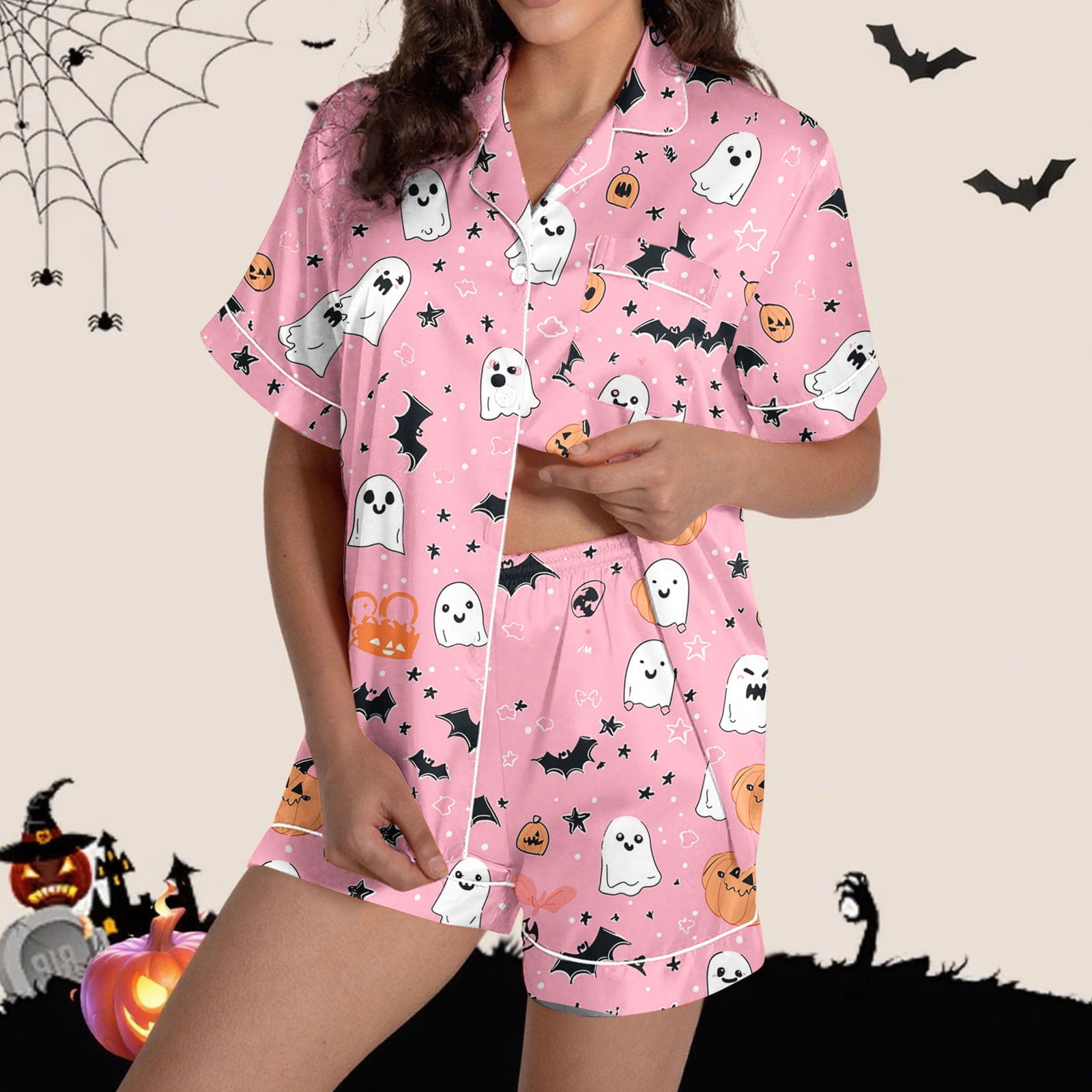 qolati Halloween Pajamas Women Fall Vintage Ghost Graphic Button Up ...