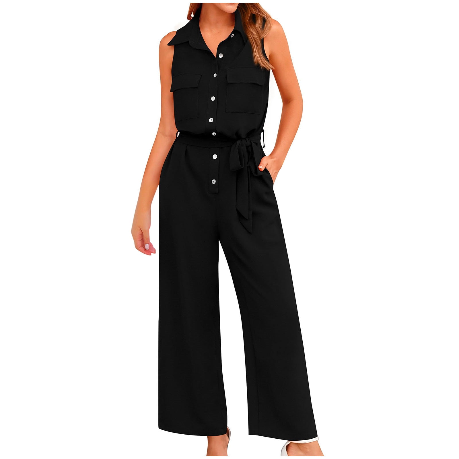 qolati Jumpsuit for Women Dressy Casual Sleeveless Button Up Belted ...