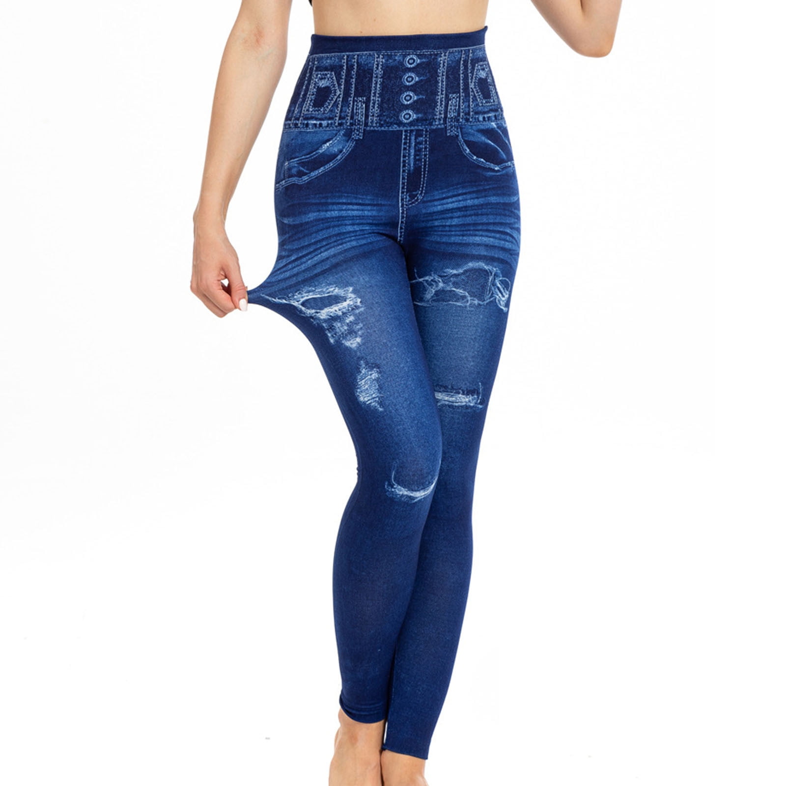 qolati Leggings for Women Soft Athletic Tummy Control Faux Denim ...