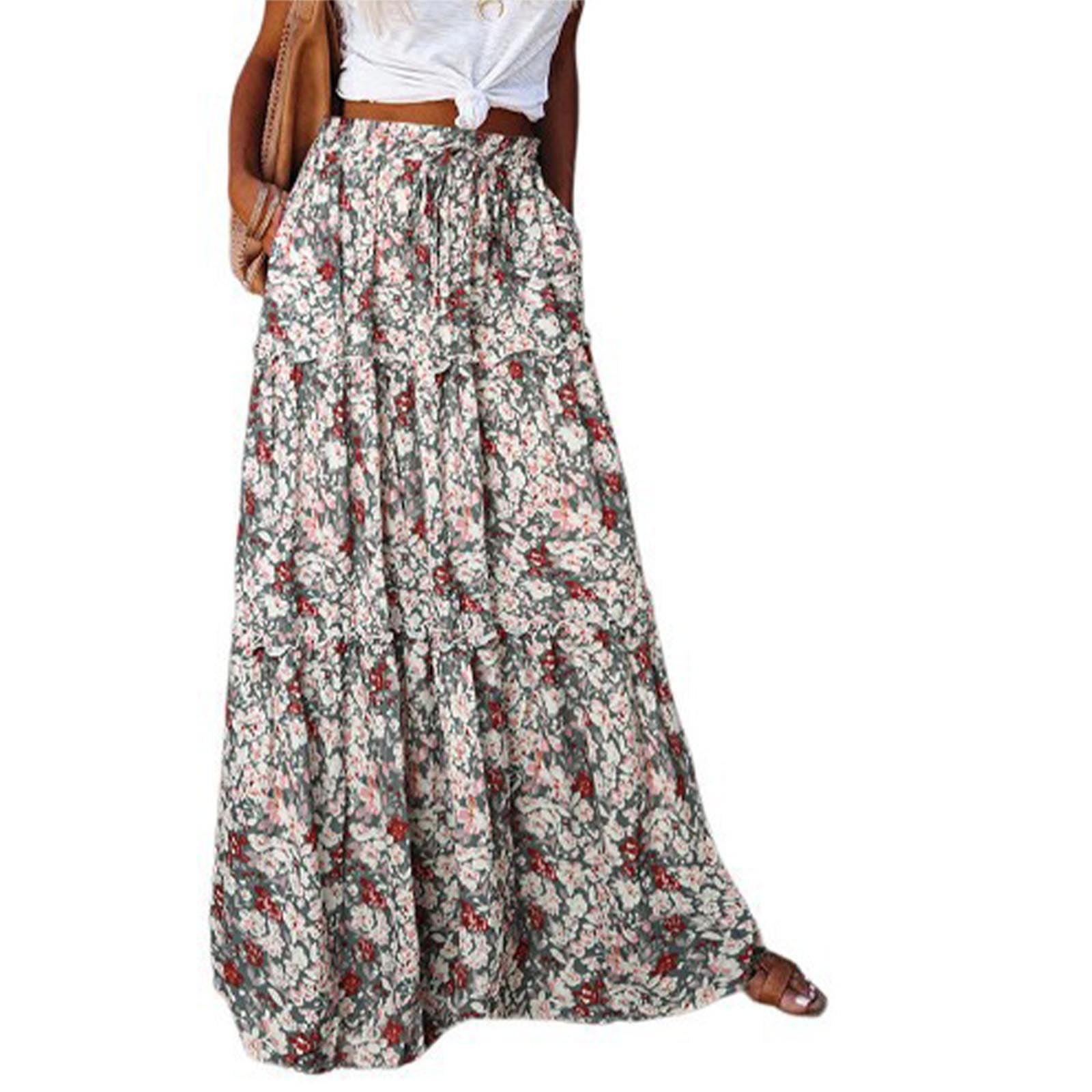 qolati Maxi Skirts for Women Summer Spring Casual Elastic High Waist ...
