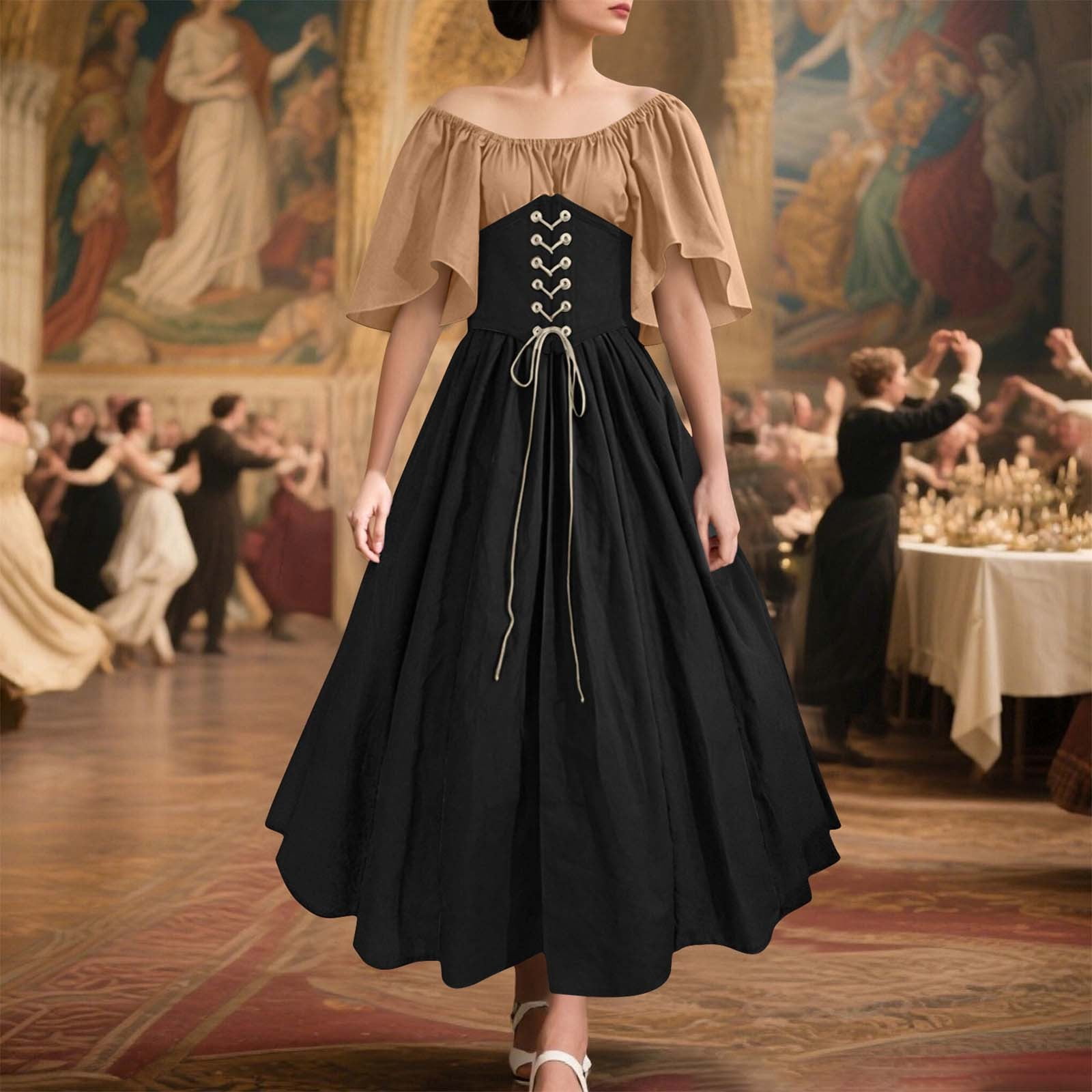 qolati Medieval Renaissance Dress Women Vintage Flare Sleeve Lace Up ...