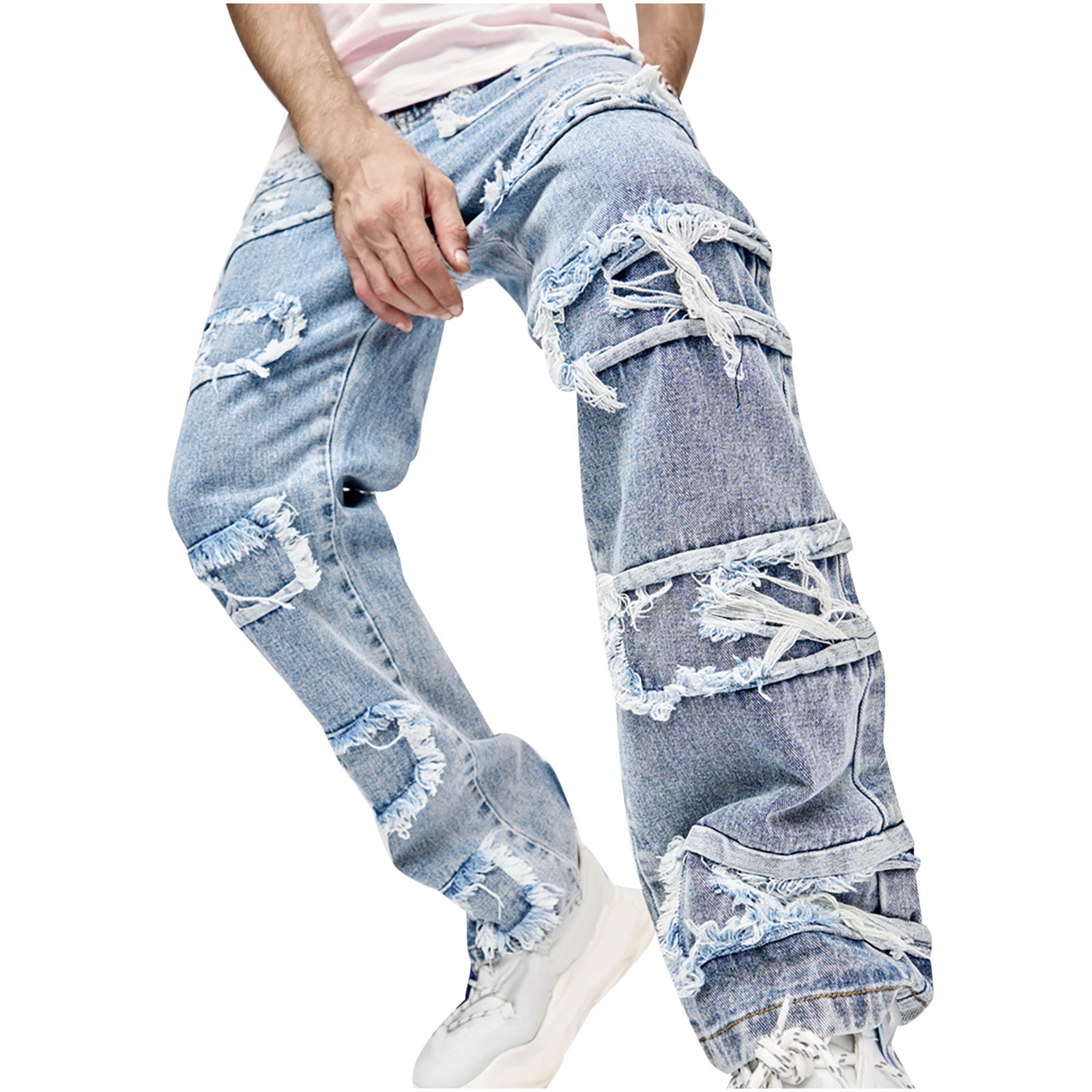 qolati Men Ripped Jeans Skinny Fit Stacked Leg Denim Jean Trousers ...