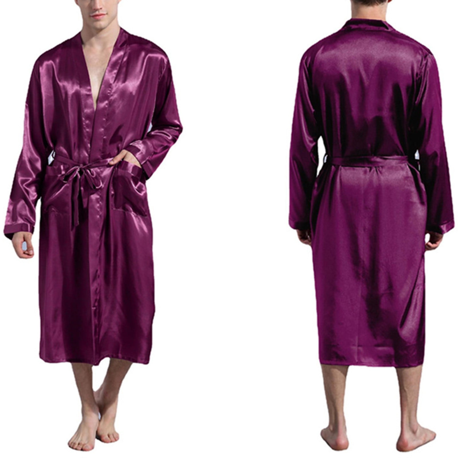 qolati Men's Long Sleeve Robe Satin Bathrobe Soft Lightweight Luxurious ...