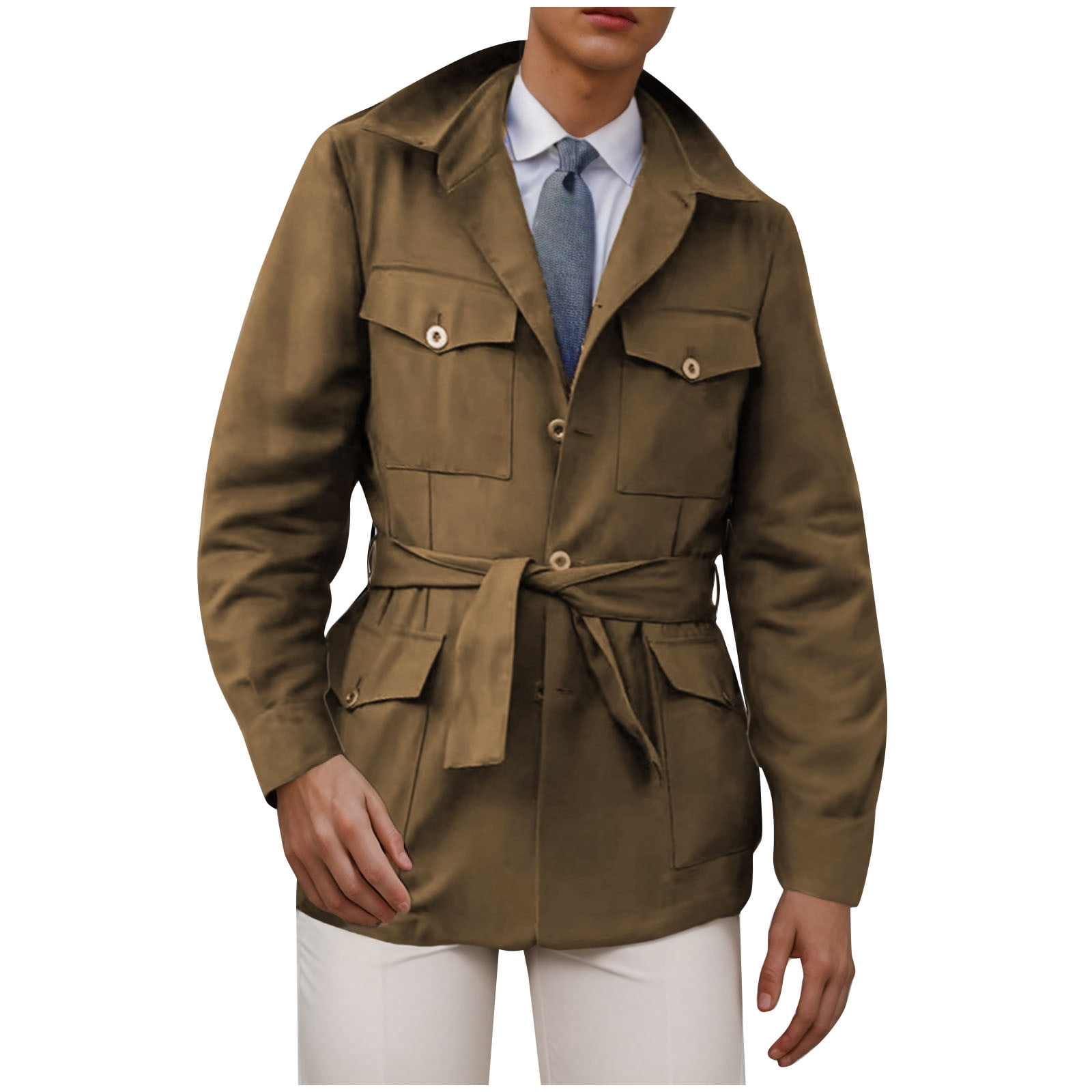 qolati Men's Single Breasted Belted Trench Coat Fall Winter Lapel ...
