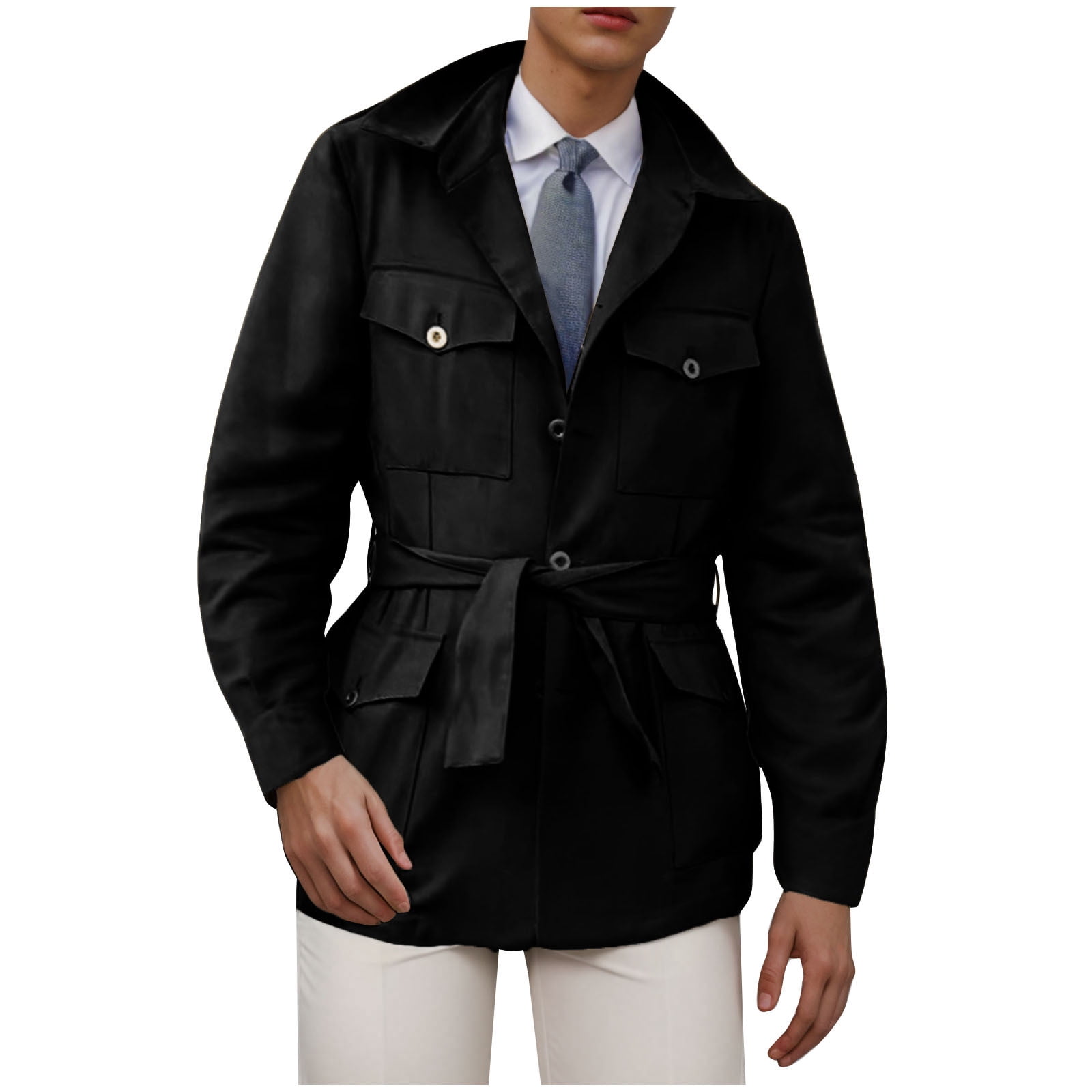 qolati Men's Single Breasted Belted Trench Coat Fall Winter Lapel ...