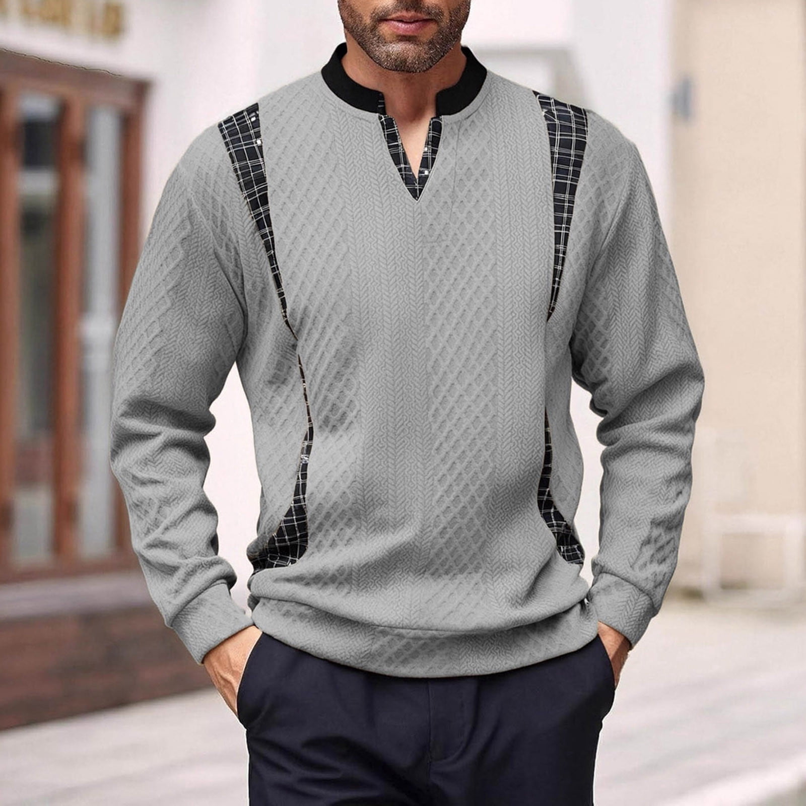 qolati Men's V-Neck Jacquard Sweatshirts with Plaid Trim Soft Long ...