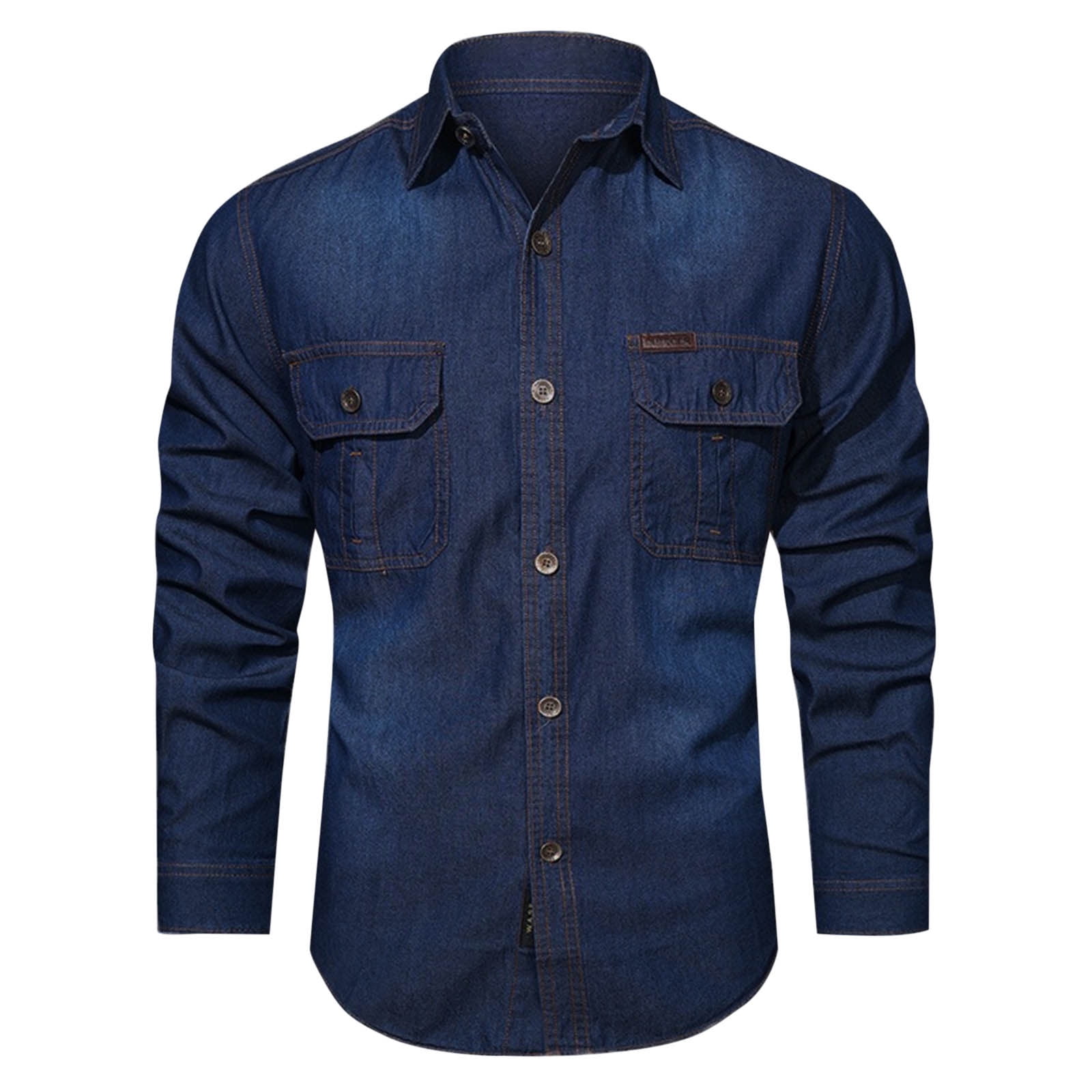 qolati Mens Button Down Denim Shirt Jacket Long Sleeve Shacket Casual ...