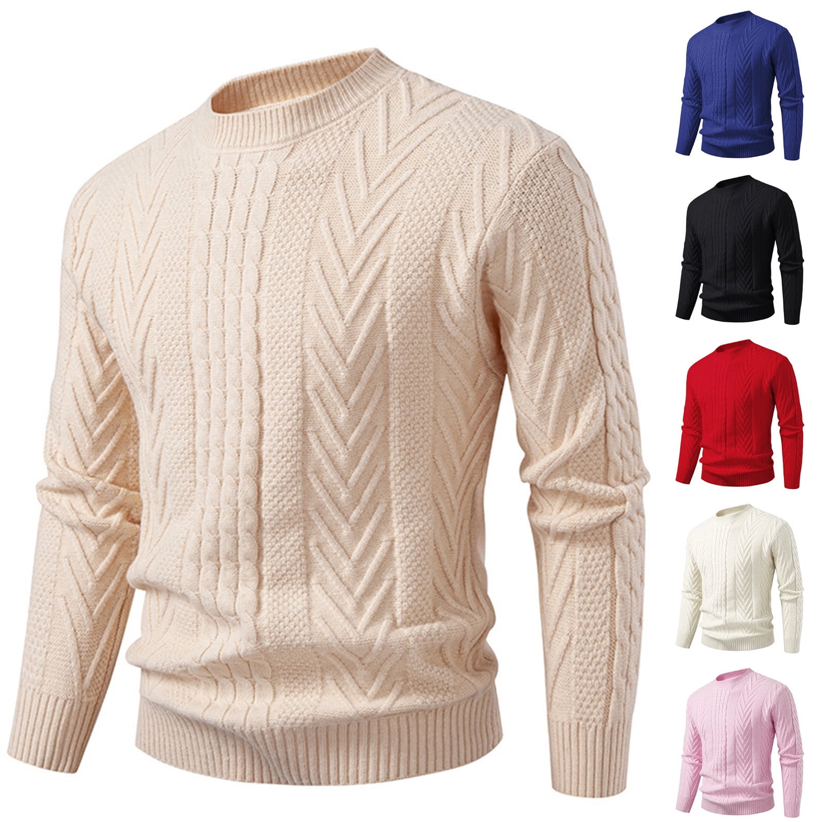 qolati Mens Cable Knit Sweater Casual Long Sleeve Crewneck Pullover ...