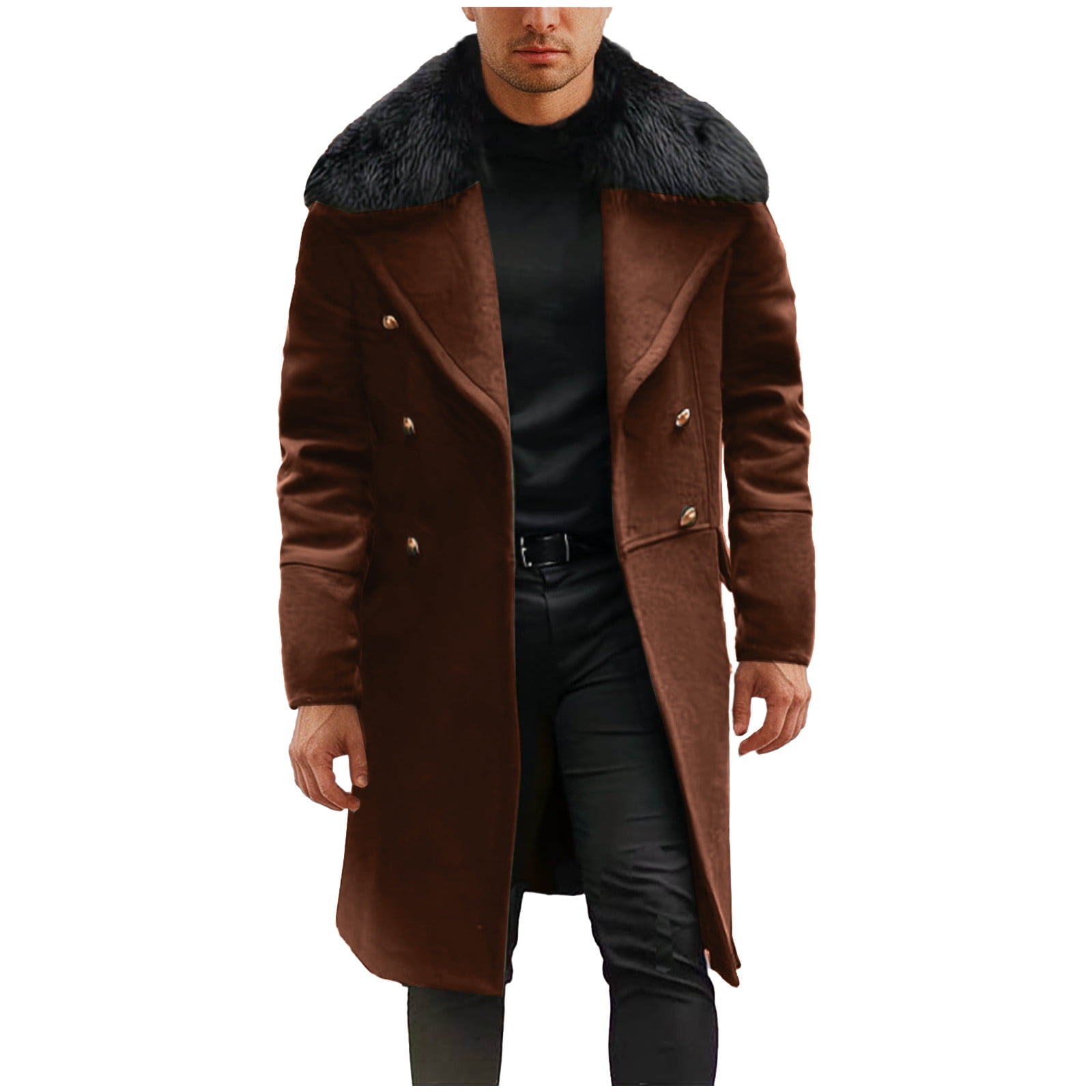 qolati Mens Trench Coat Faux Furs Lapel Collar Classic Fit Double ...