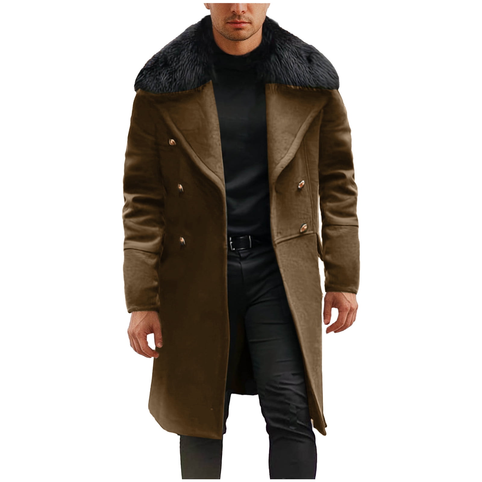 qolati Mens Trench Coat Faux Furs Lapel Collar Classic Fit Double ...