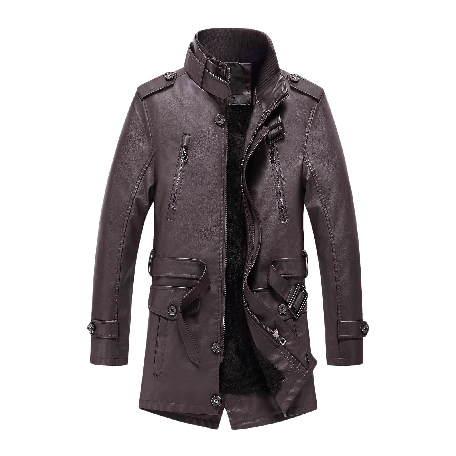 qolati Mens Trench Coat Mid Length Classic Faux Leather Zip Up Long ...