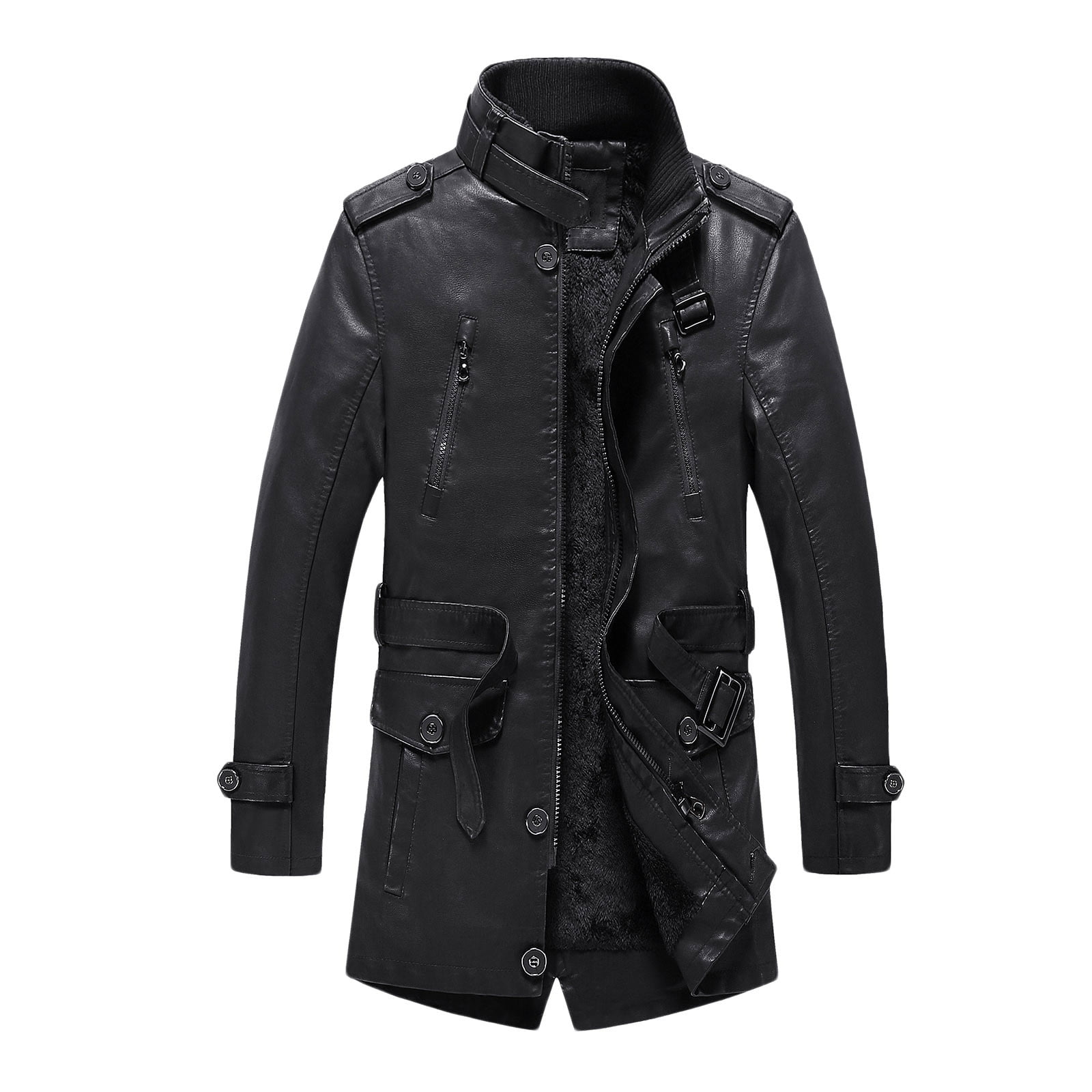 qolati Mens Trench Coat Mid Length Classic Faux Leather Zip Up Long Coat Vintage Steampunk ...