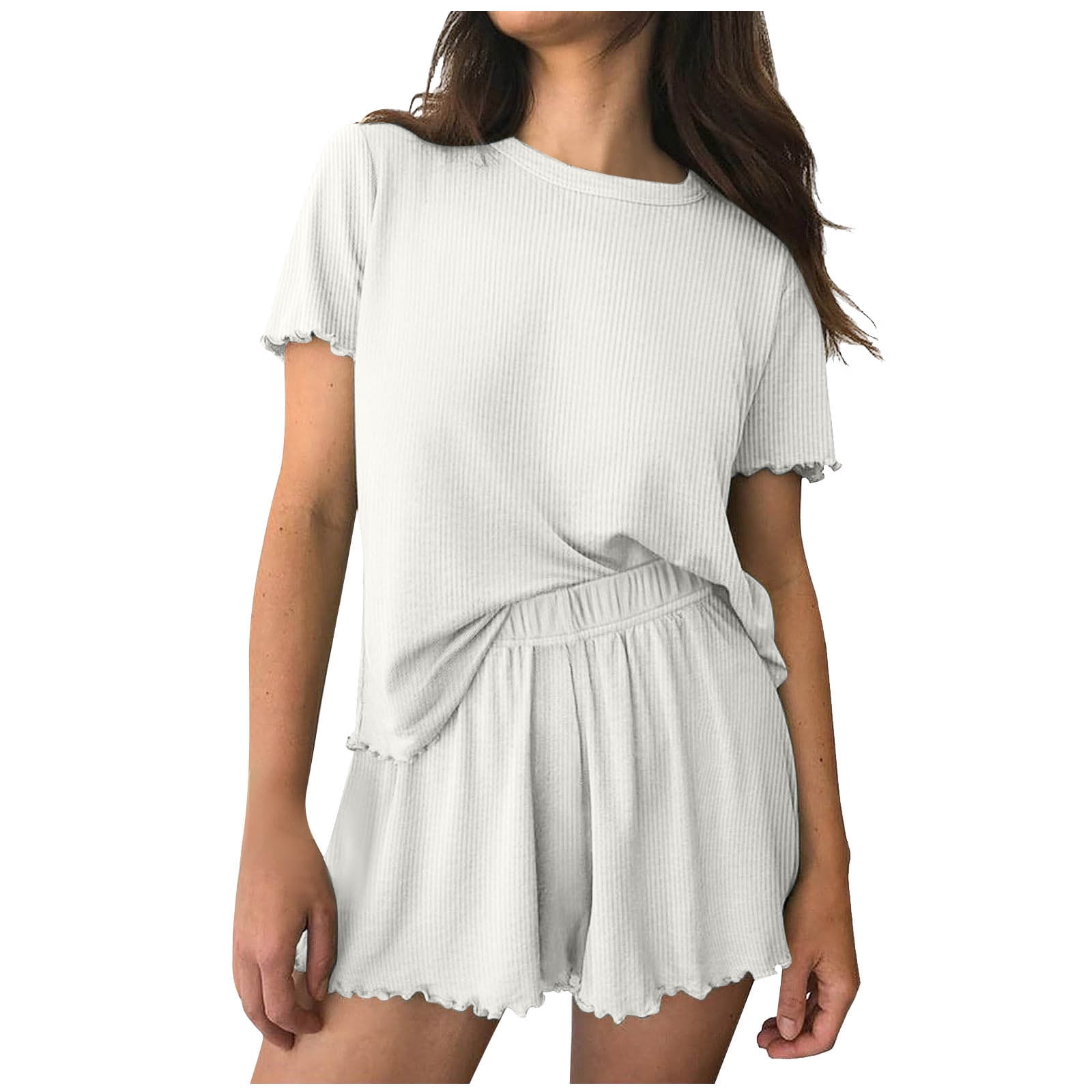 qolati Pajama Sets for Women 2 Piece Ribbed Knit Pjs Short Sleeve ...