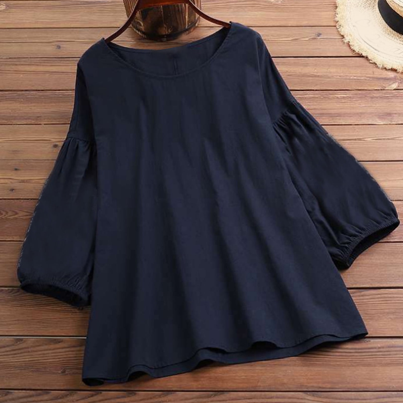 qolati Plus Size Cotton Linen Blouses for Women Summer Casual Crew Neck ...