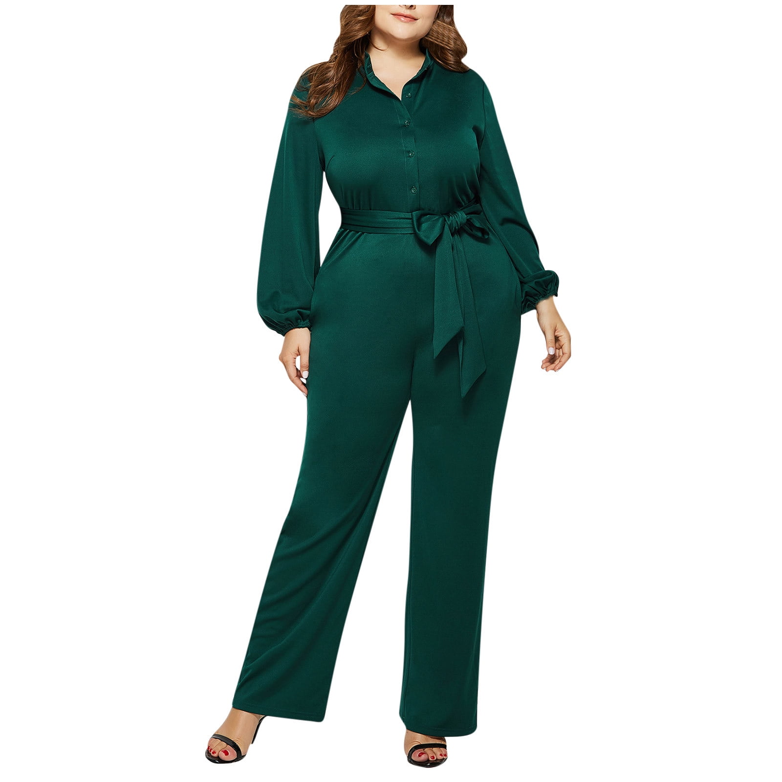 qolati Plus Size Jumpsuits for Women Dressy Button Down V Neck Long ...