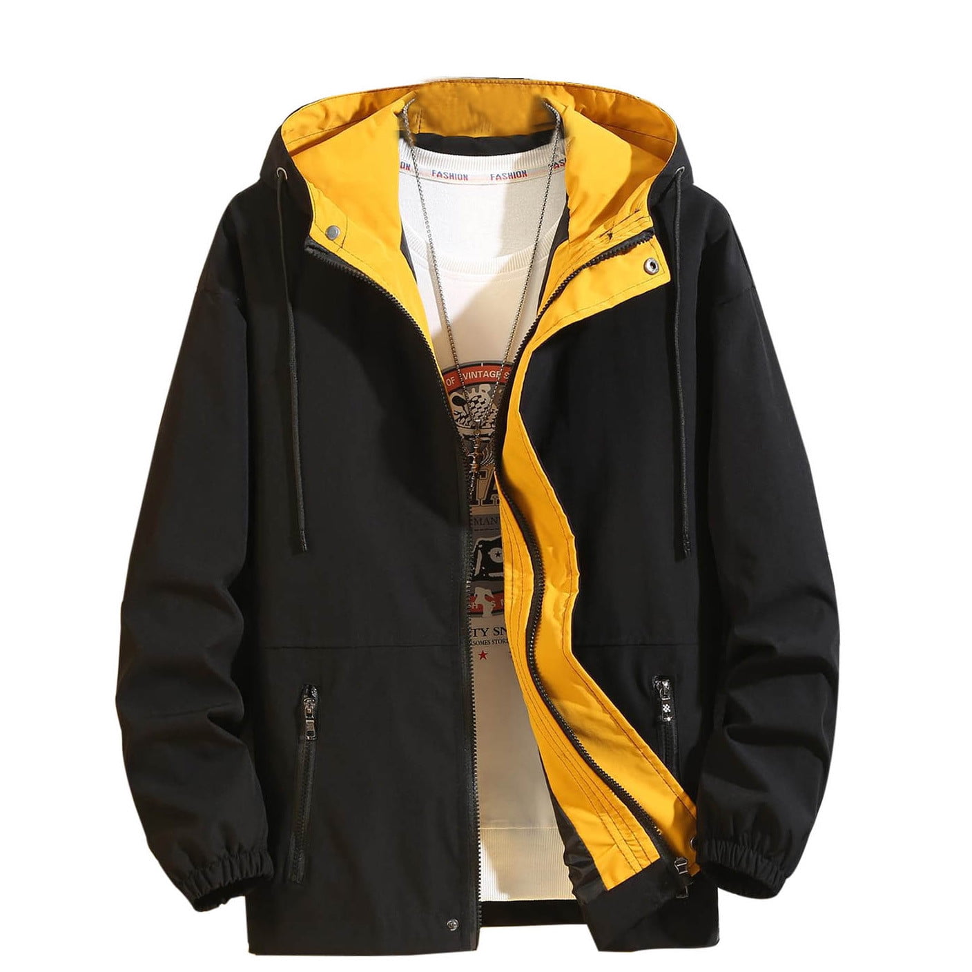 qolati Rain Jacket Men Color Block Hood Outdoor Lightweight Full Zip ...