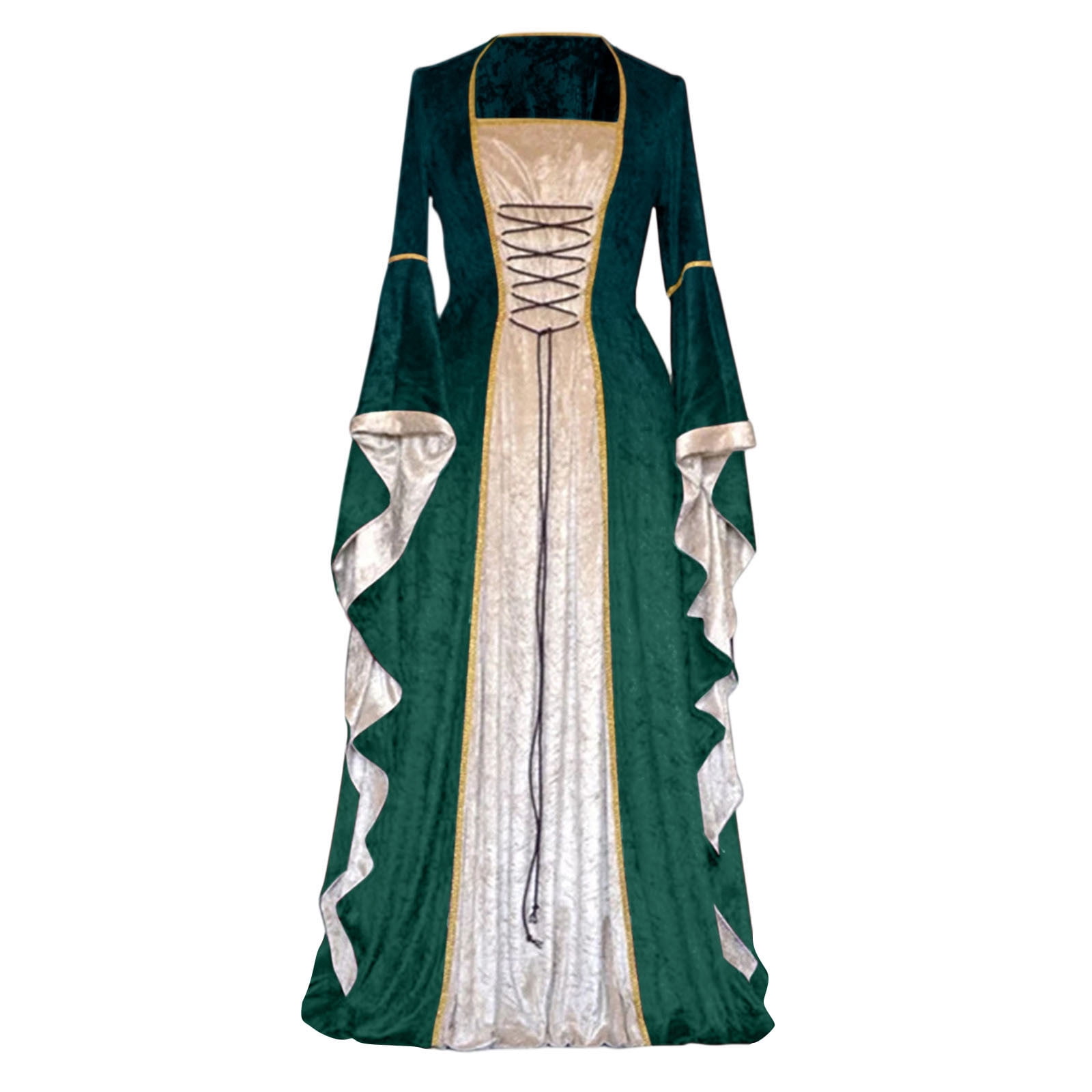qolati Renaissance Dresses for Women Velvet Ruffle Flare Sleeve Lace Up ...