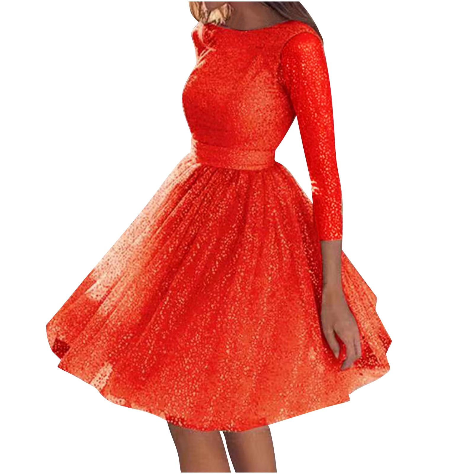 qolati Sequin Dresses for Women Crew Neck Mesh Long Sleeve Pleated ...